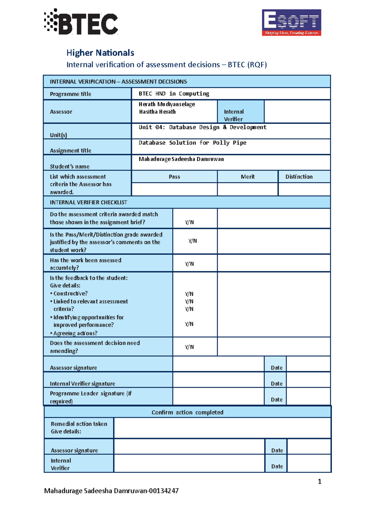 Data Base Assiment - Higher Nationals Internal verification of assessment decisions – BTEC (RQF ...