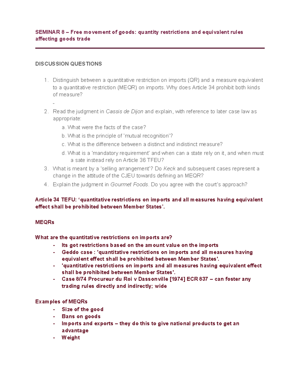 Sem 8- eu - European union seminar 8 - SEMINAR 8 – Free movement of ...