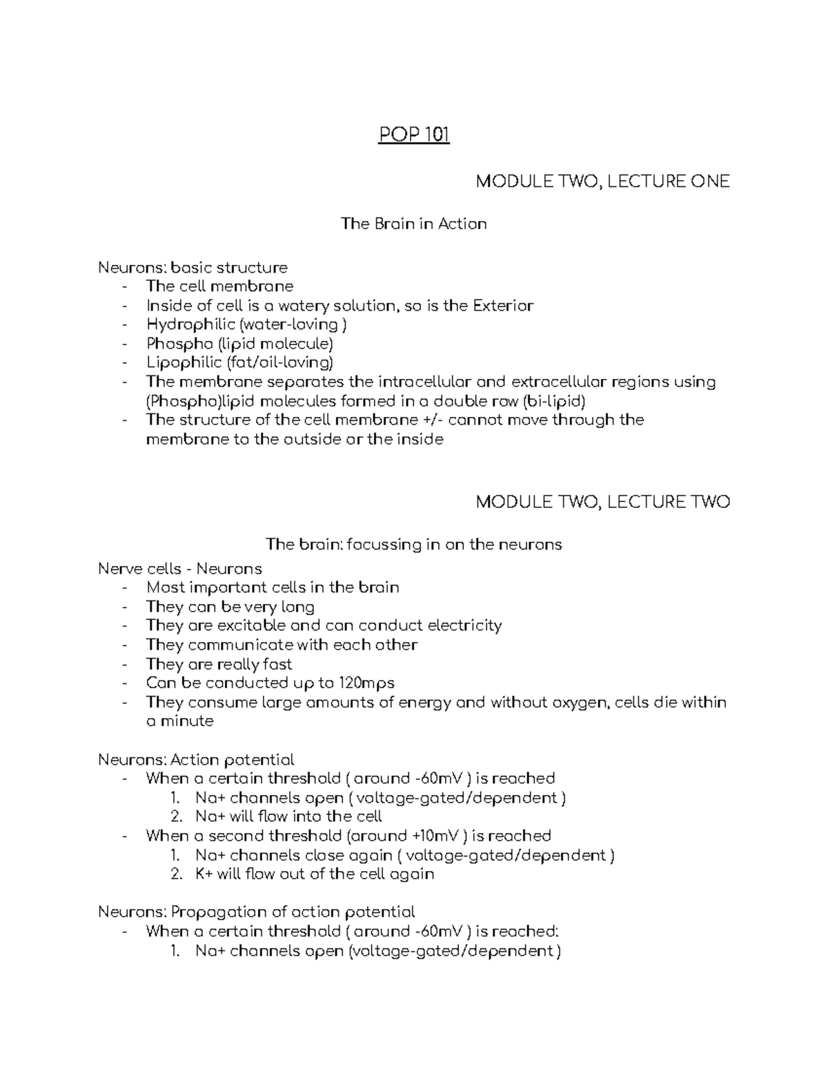 POP Lecture 2 Notes - POP 101 MODULE TWO, LECTURE ONE The Brain in ...