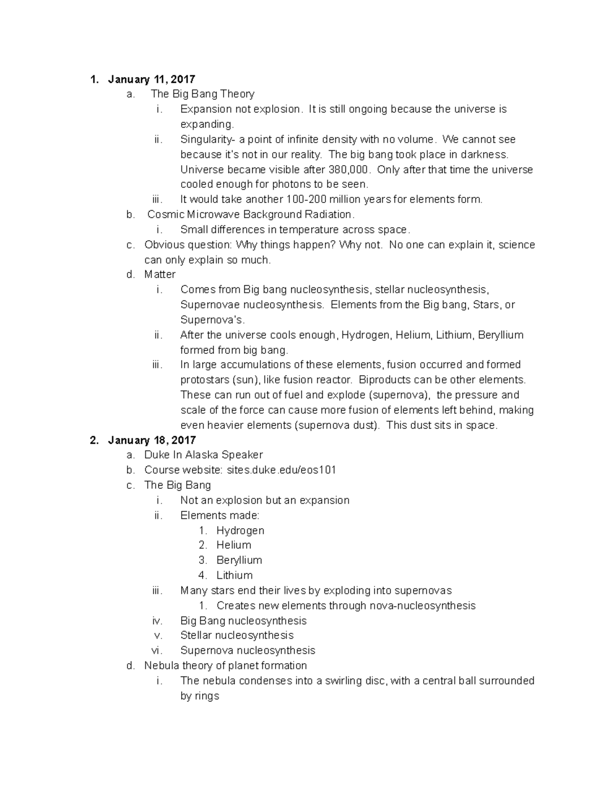EOS 101 Notes - 1. January 11, 2017 a. The Big Bang Theory i. - Studocu