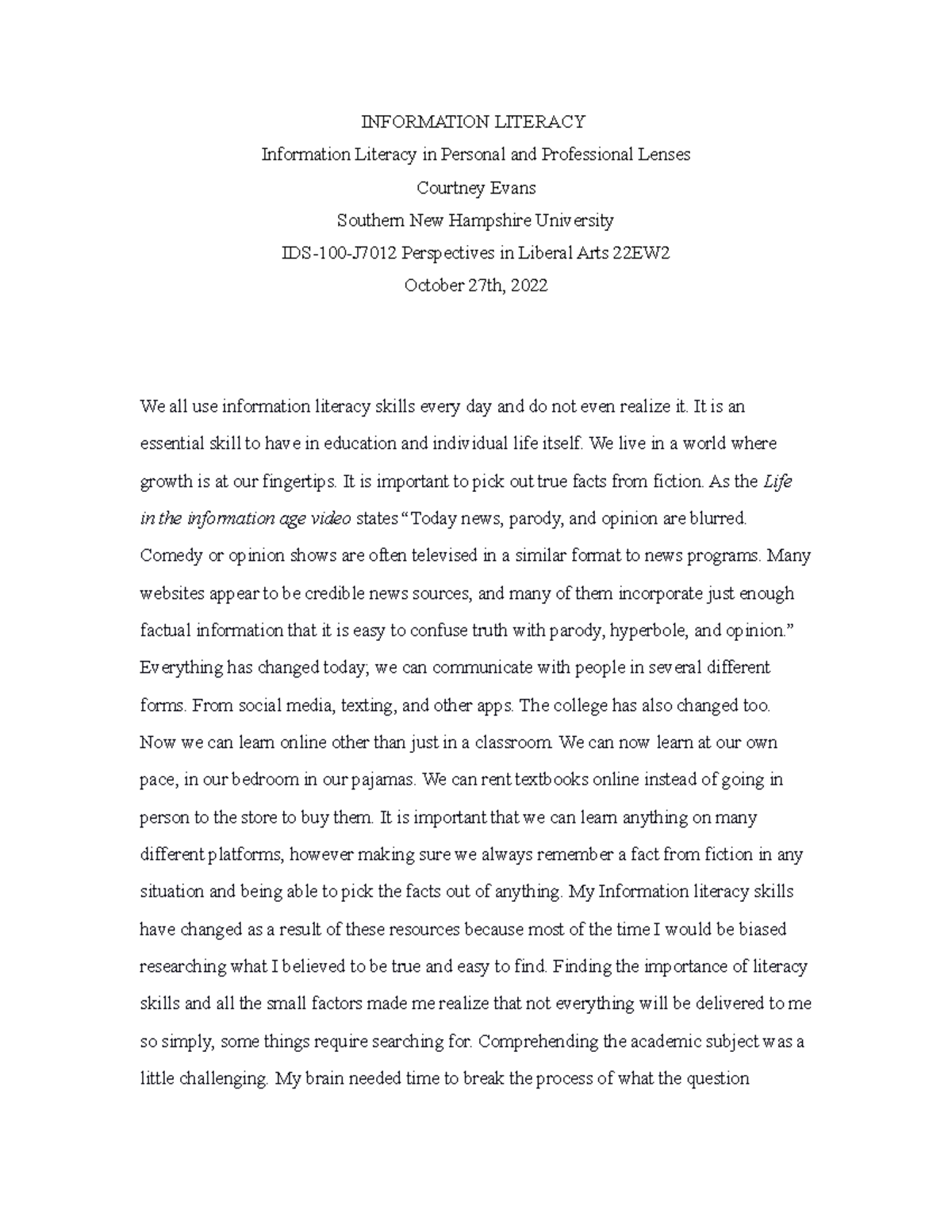 MOD 1 INFO LIT - MODULE ONE INFORMATION LITERACY - INFORMATION LITERACY ...