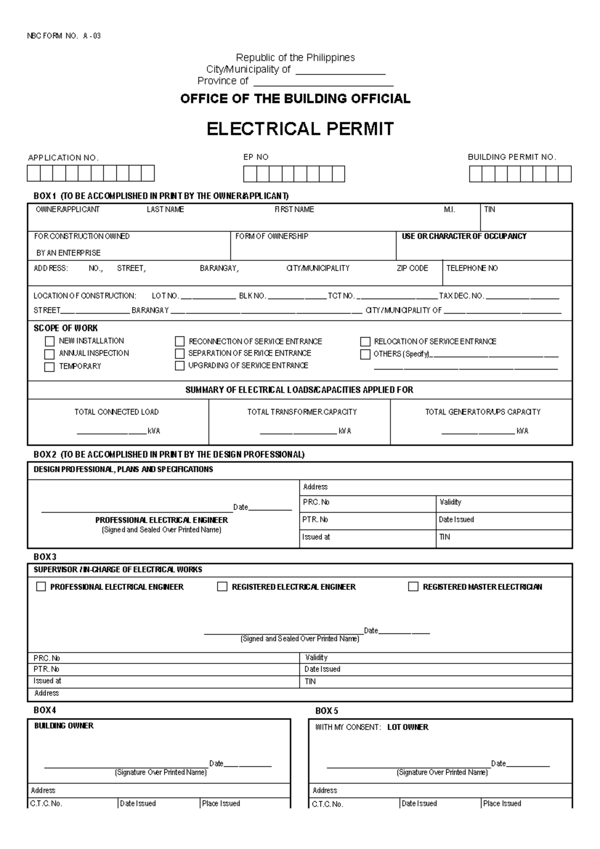 ELECTRICAL PERMIT FORM FOR ELECTRICAL INSTALLATION/ CONNECTION FOR ...