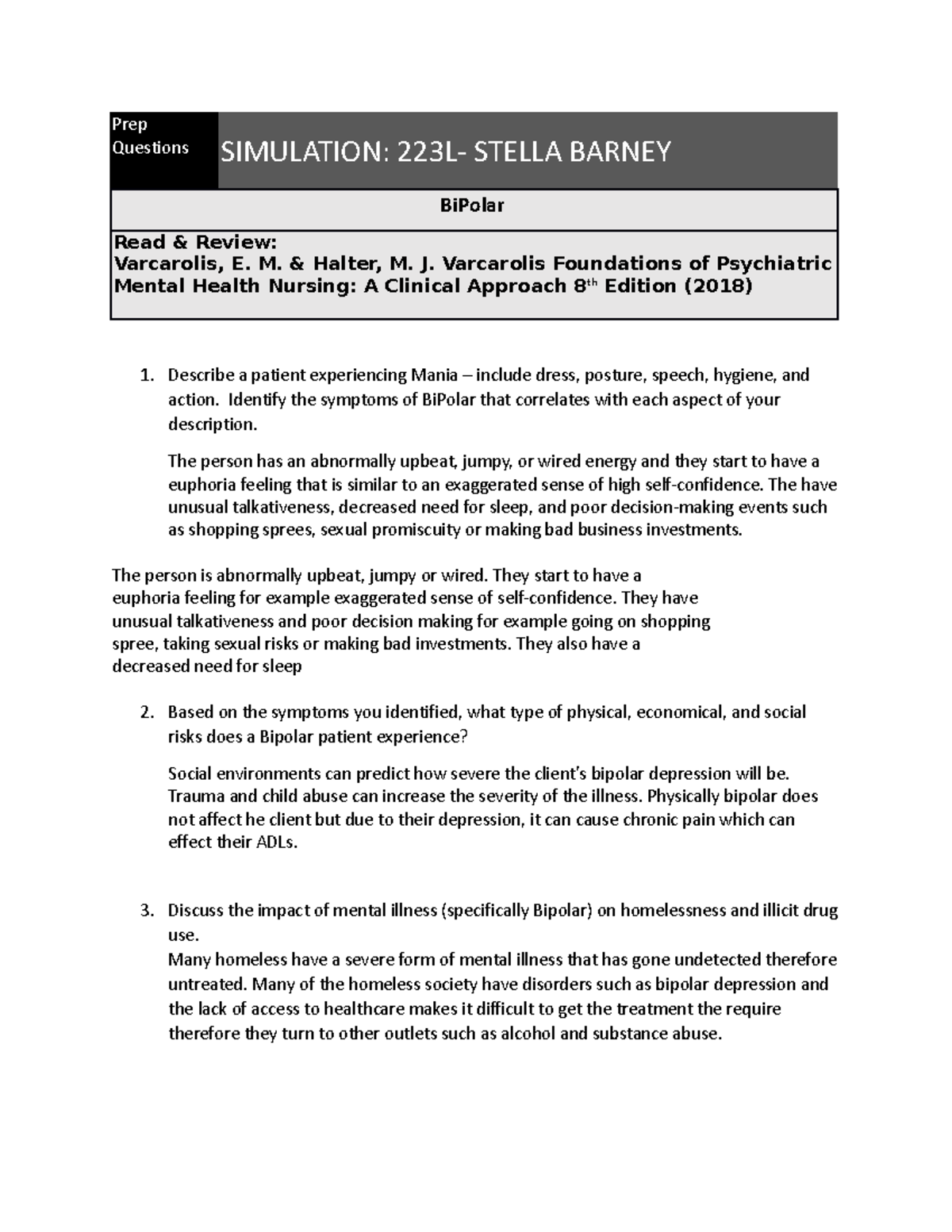 MH 222 SIMS Prep Work - Prep Questions SIMULATION: 223L- STELLA BARNEY ...