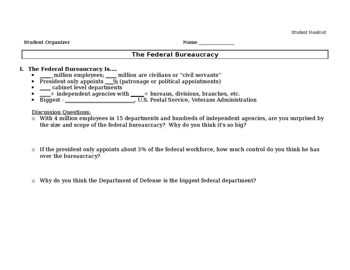 Federal Bureaucracy Lecture Notes 2017 - Student Handout Student ...
