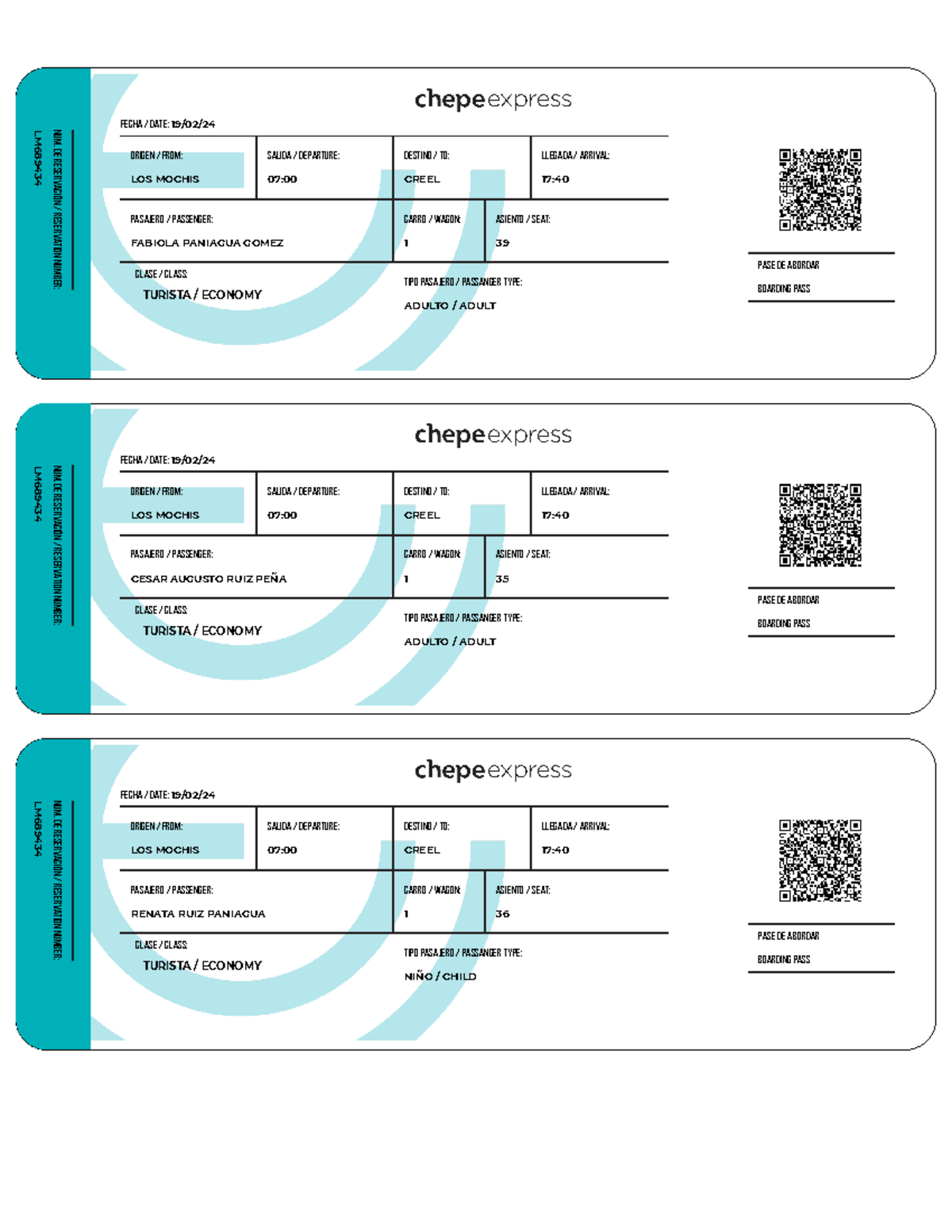 Boletos Chepe - LM689434 NUM. DE RESERVACIÓN / RESERVATION NUMBER ...