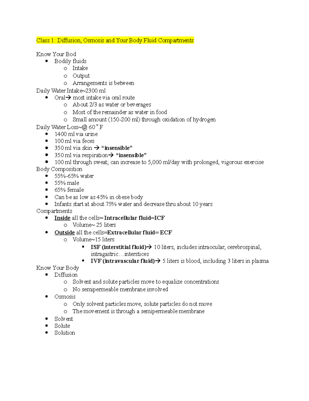 Module 1 Notes - Class 1: Diffusion, Osmosis and Your Body Fluid ...
