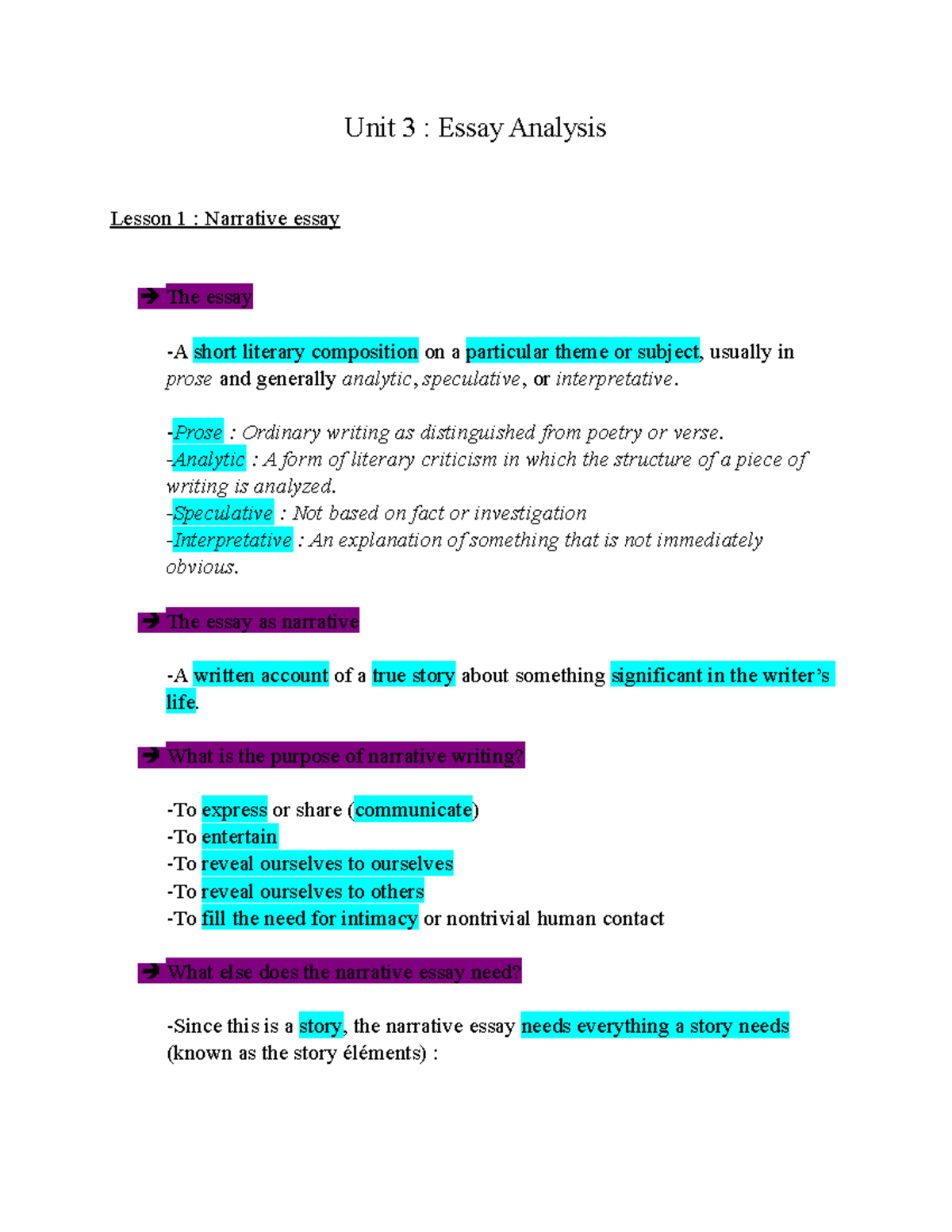 ENG4U - Unit 3 Notes - Unit 3 : Essay Analysis Lesson 1 : Narrative ...
