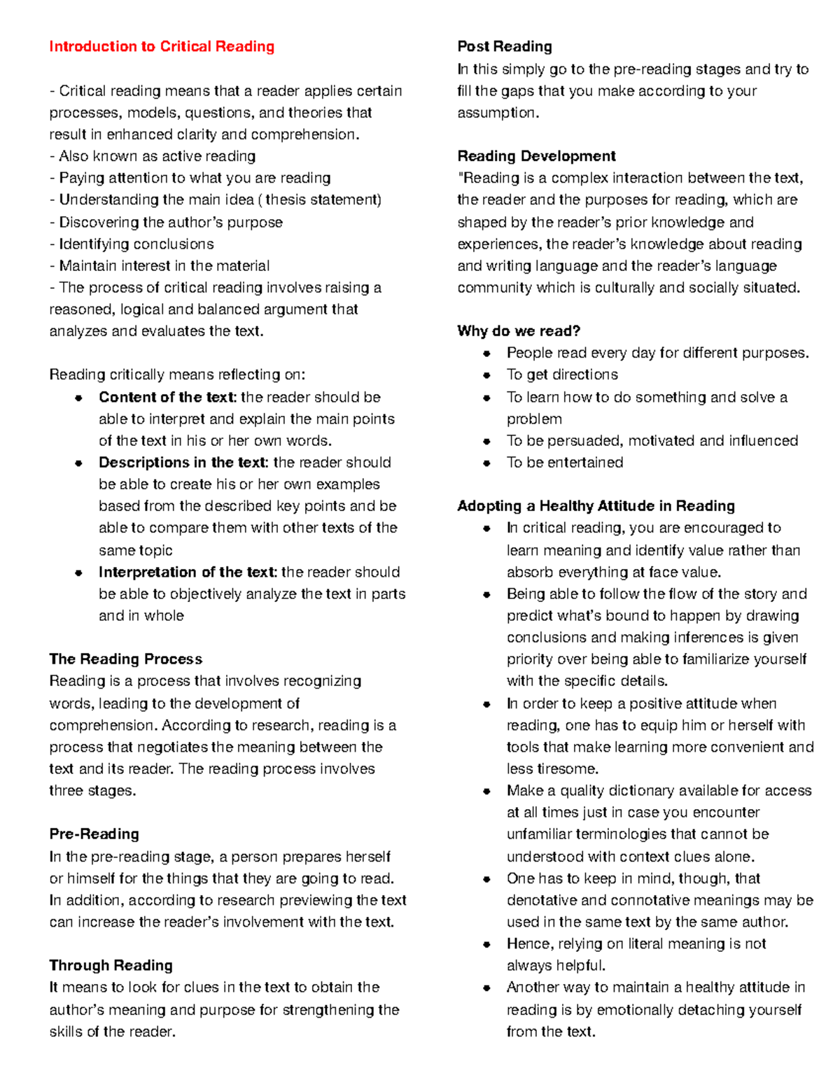 CRWT111 Prelim Reviewer - Introduction to Critical Reading Critical ...