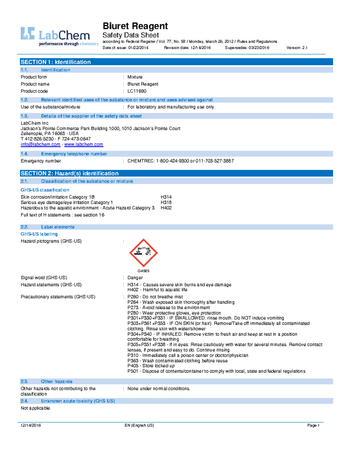 Biuret Reagent - Safety Data Sheet according to Federal Register / Vol ...