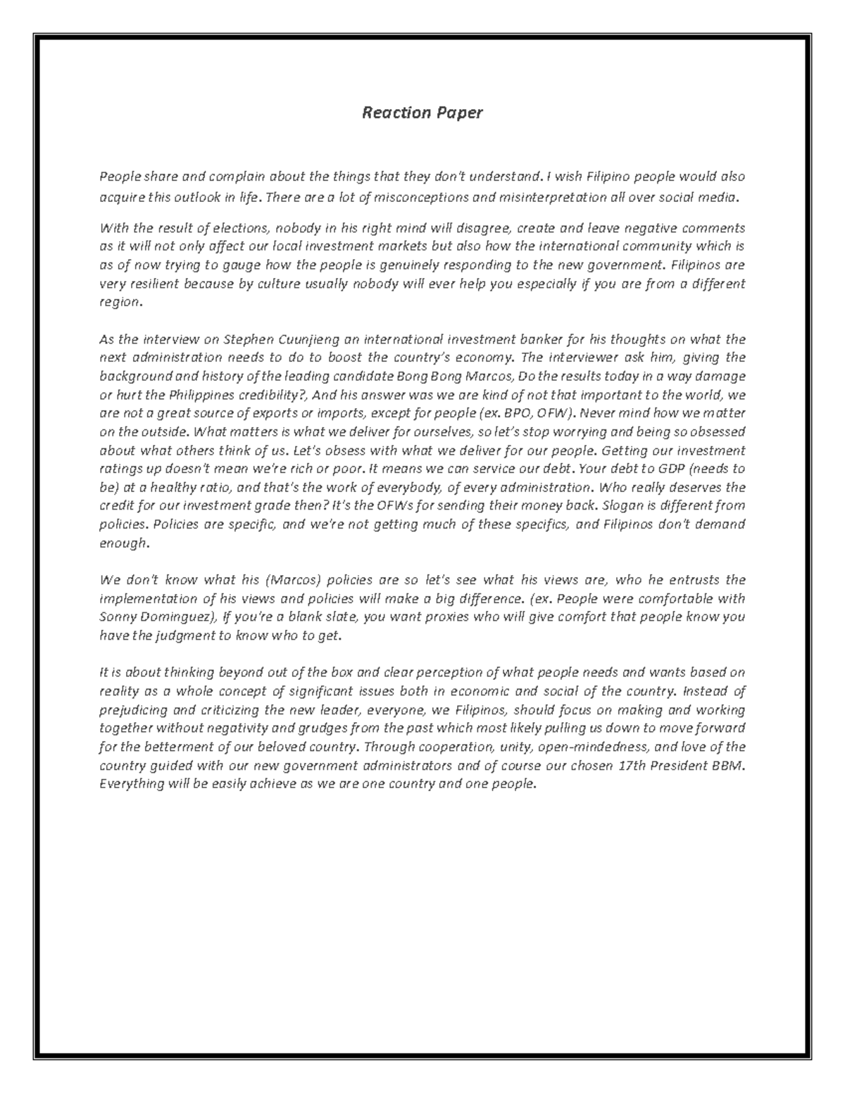 Reaction Paper - Reaction Paper People share and complain about the ...