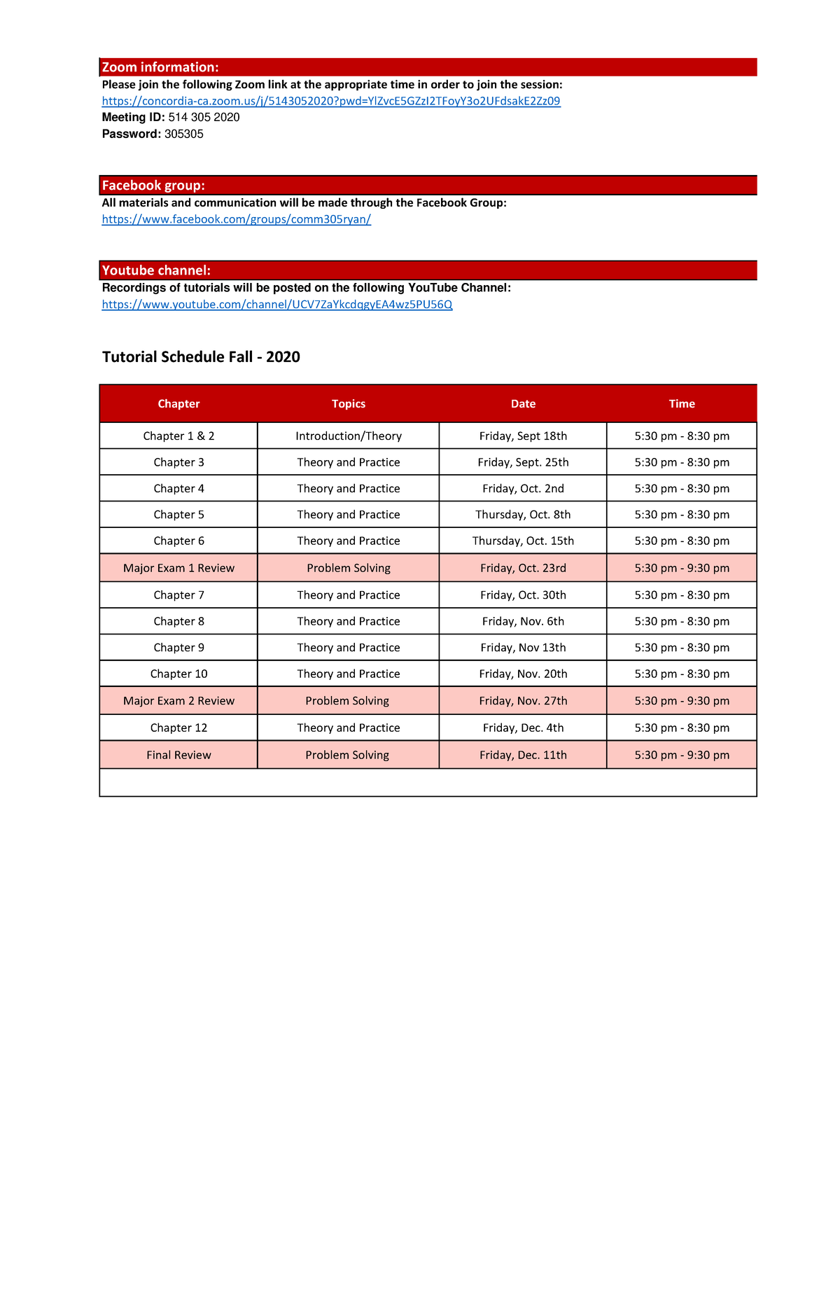 Ryan Friday 5 - tutor - Tutorial Schedule Fall - 2020 Chapter Topics ...