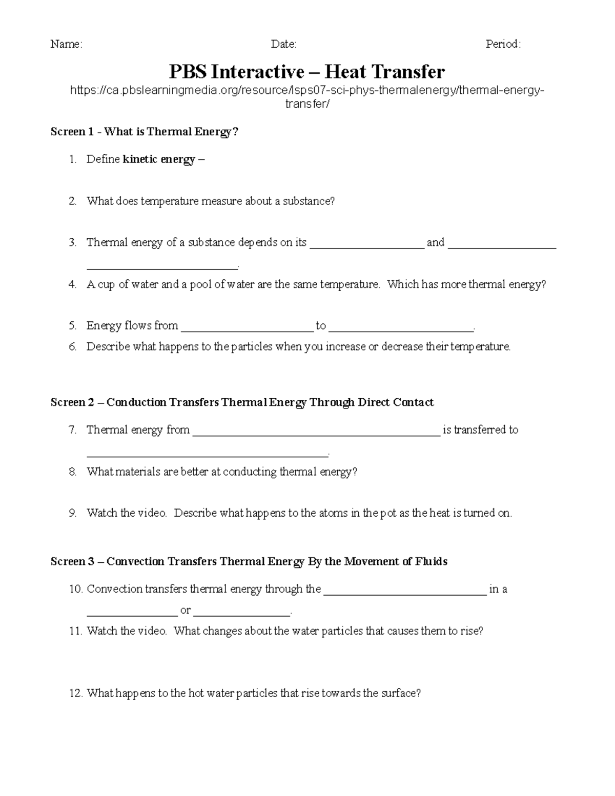 Unit 1.2 Thermochem Interactive - Heat Transfer - Name: Date: Period ...