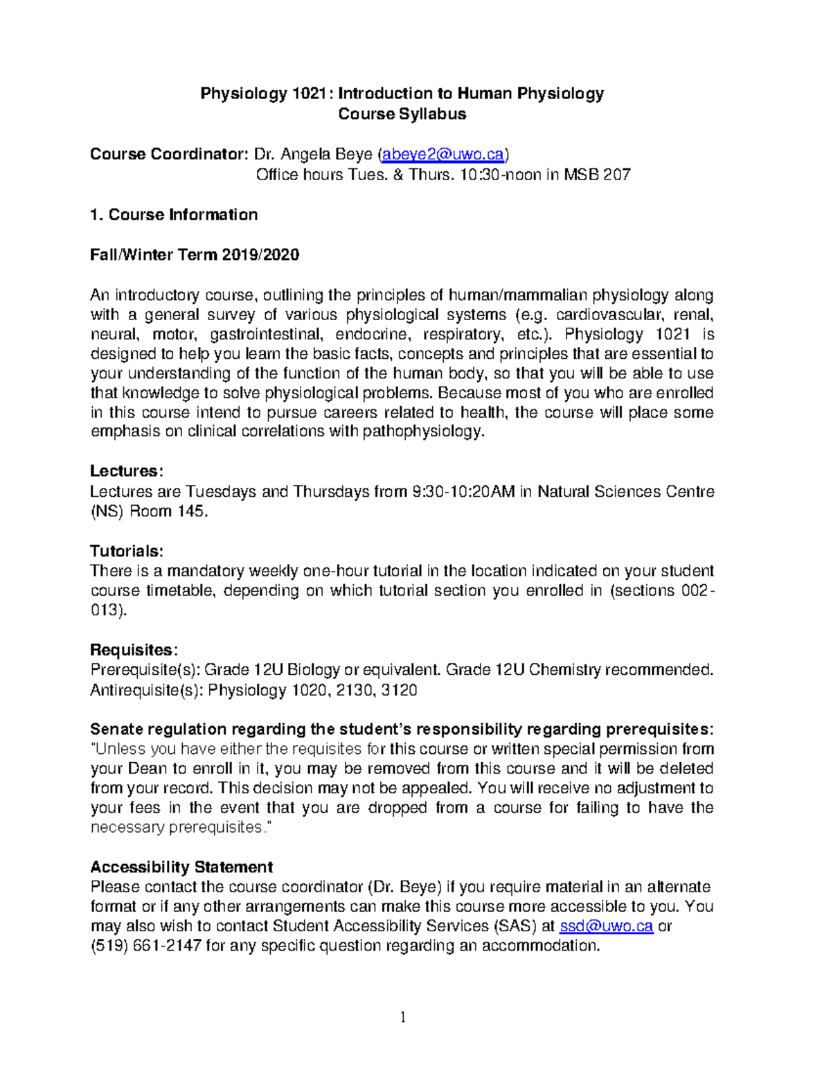 Physiology 1021: Introduction to Human Physiology Course Syllabus - Studocu
