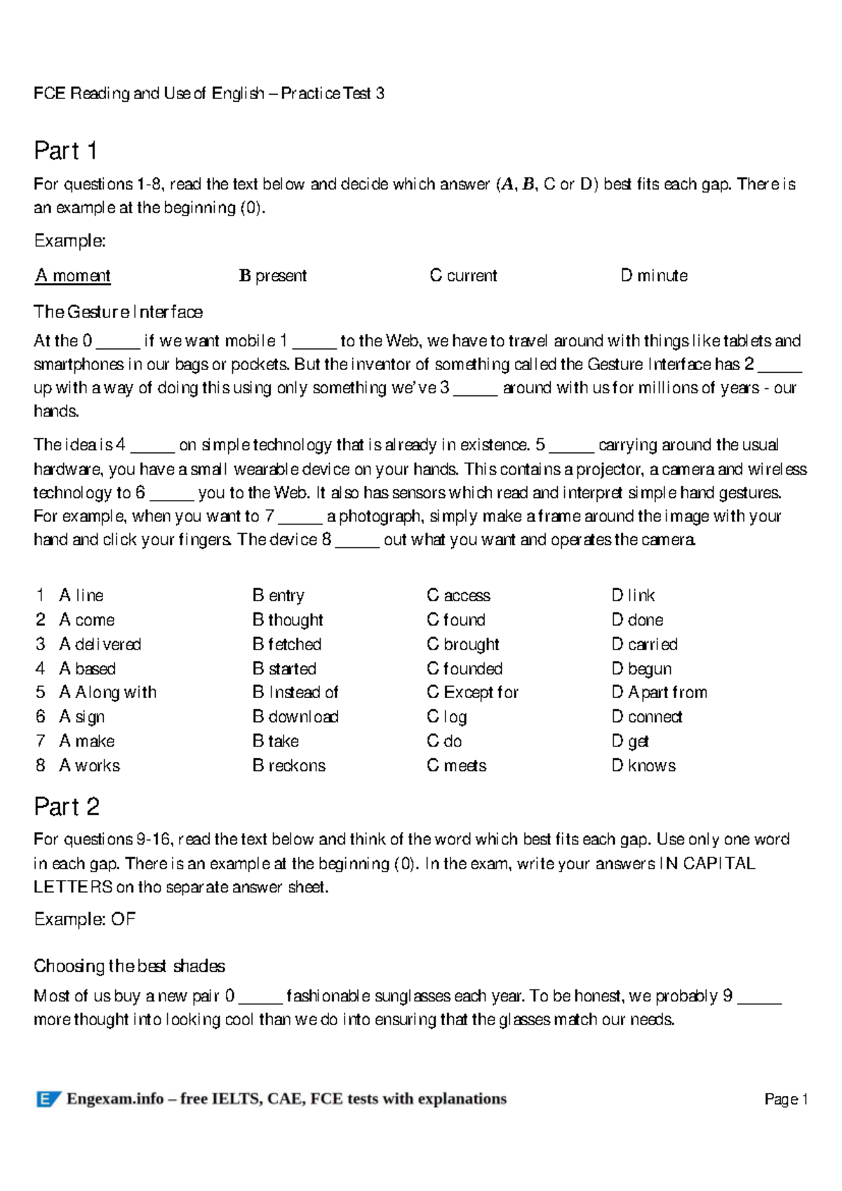 FCE Reading and Use of English - Practice Test 3 - Part 1 For questions ...