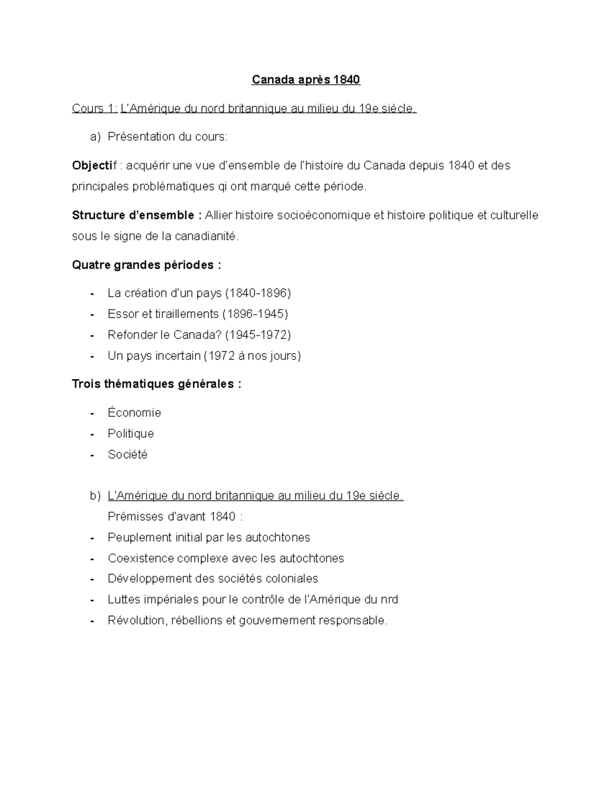 Notes Histoire du Canada de 1840 à nos jours - Canada après 1840 Cours ...