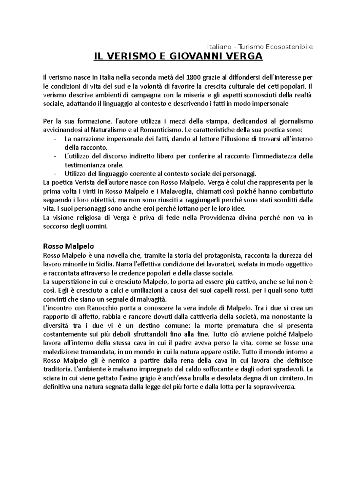 Giovanni Verga vita e opere - Italiano - Turismo Ecosostenibile IL VERISMO E GIOVANNI VERGA Il ...