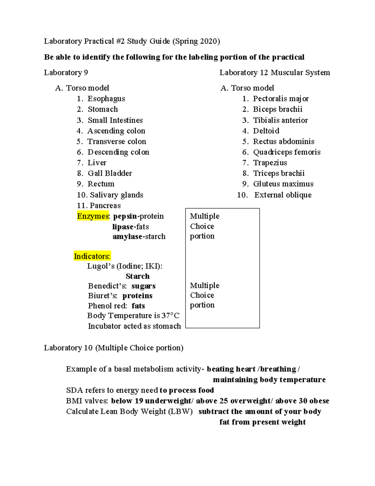 Laboratory Practical Exam #2 Study Guide - Laboratory Practical Study ...