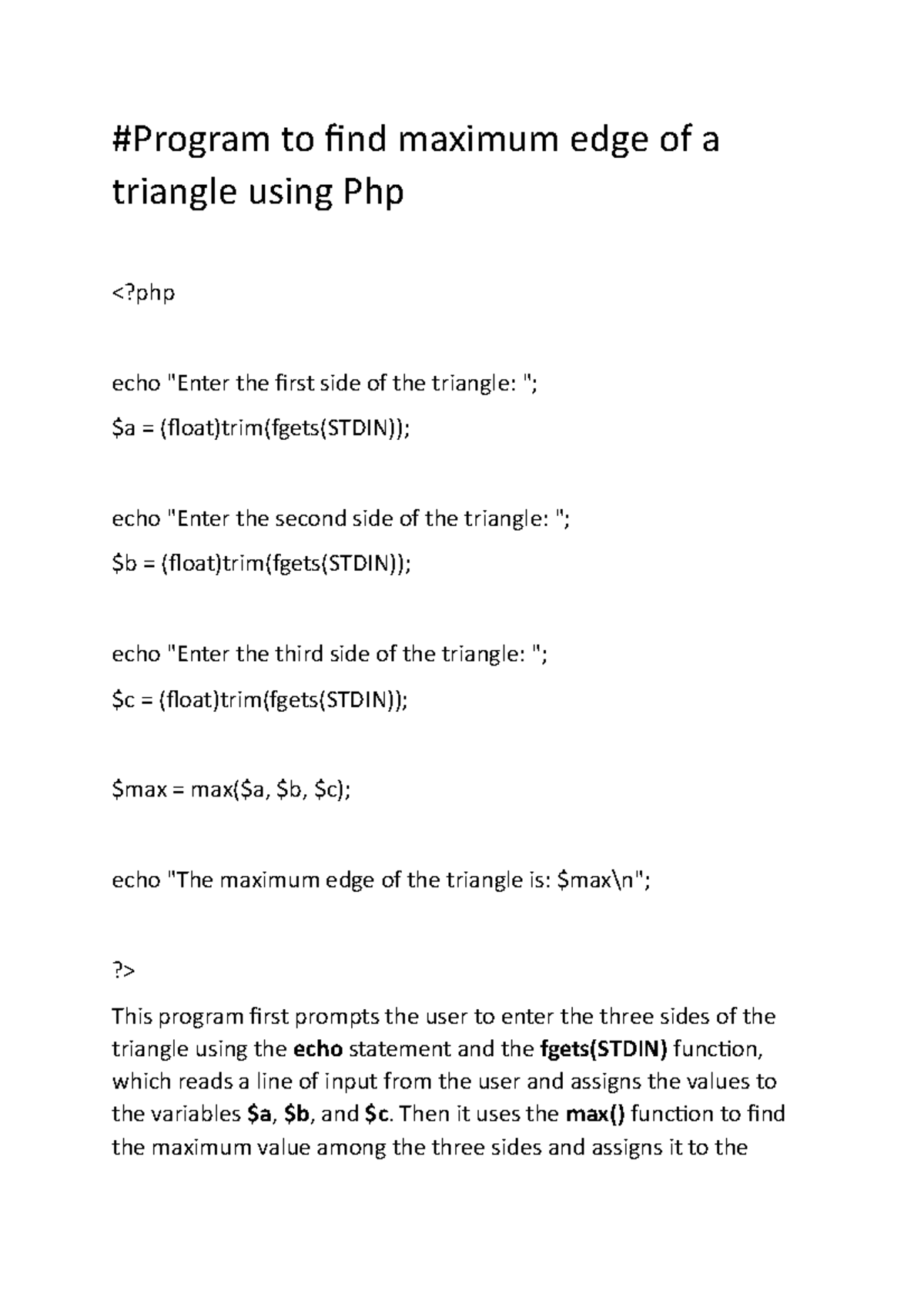 Maximum edge of a triangle - Php - #Program to find maximum edge of a ...