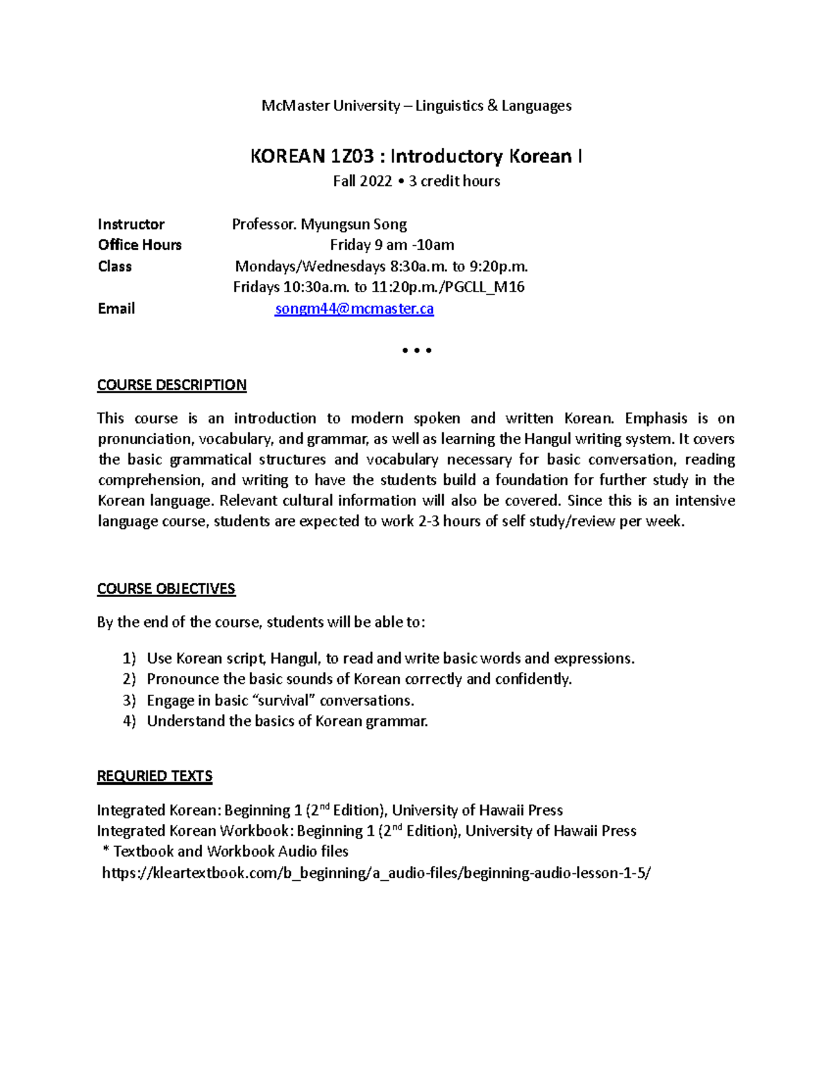 Korean 1ZO3 Introductory Korean 1 Course outline Fall 2022 - McMaster ...