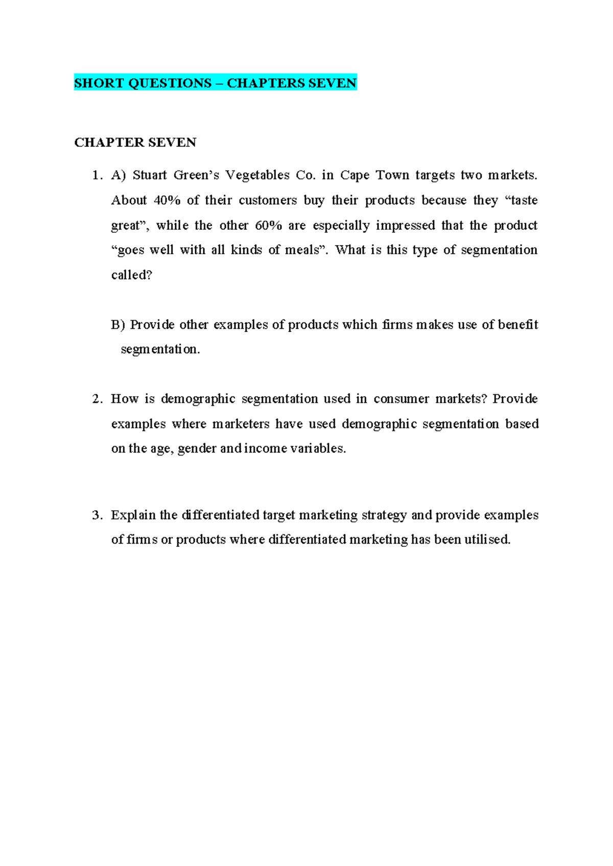 Short Questions - Chapters Seven - SHORT QUESTIONS – CHAPTERS SEVEN ...