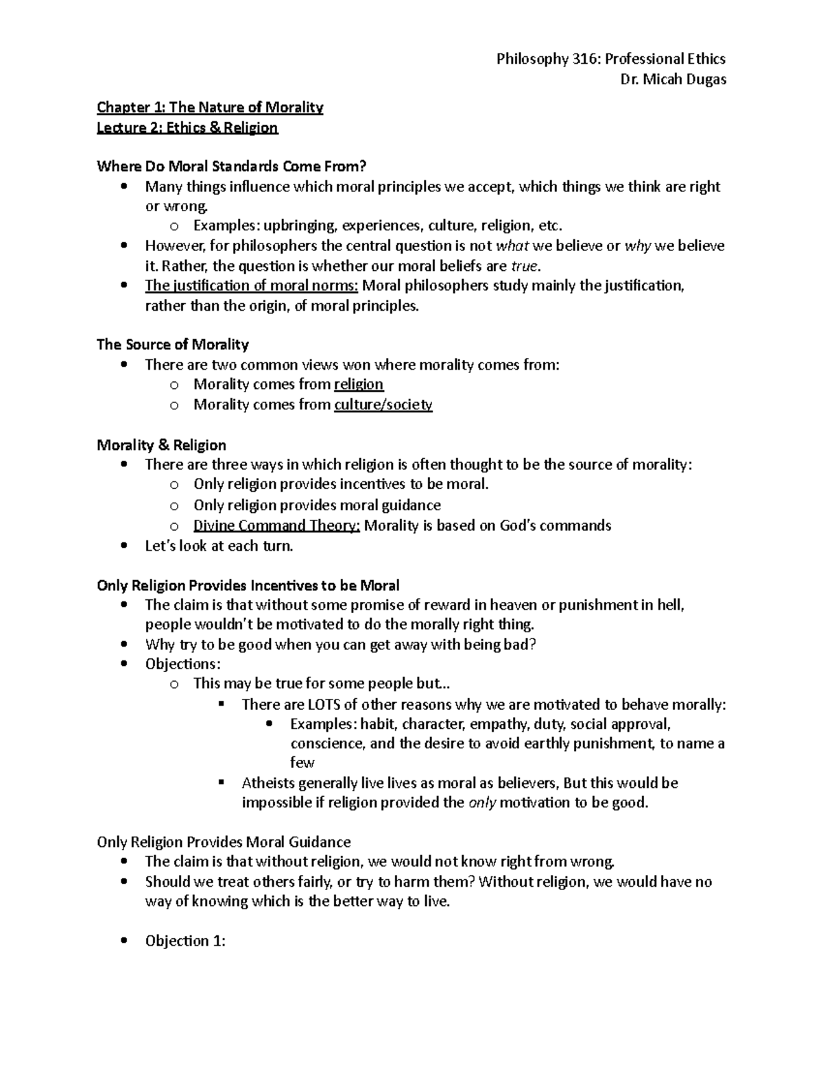 Chapter 1 - Lecture 2 - Dr. Micah Dugas Chapter 1: The Nature of Morality Lecture 2: Ethics ...