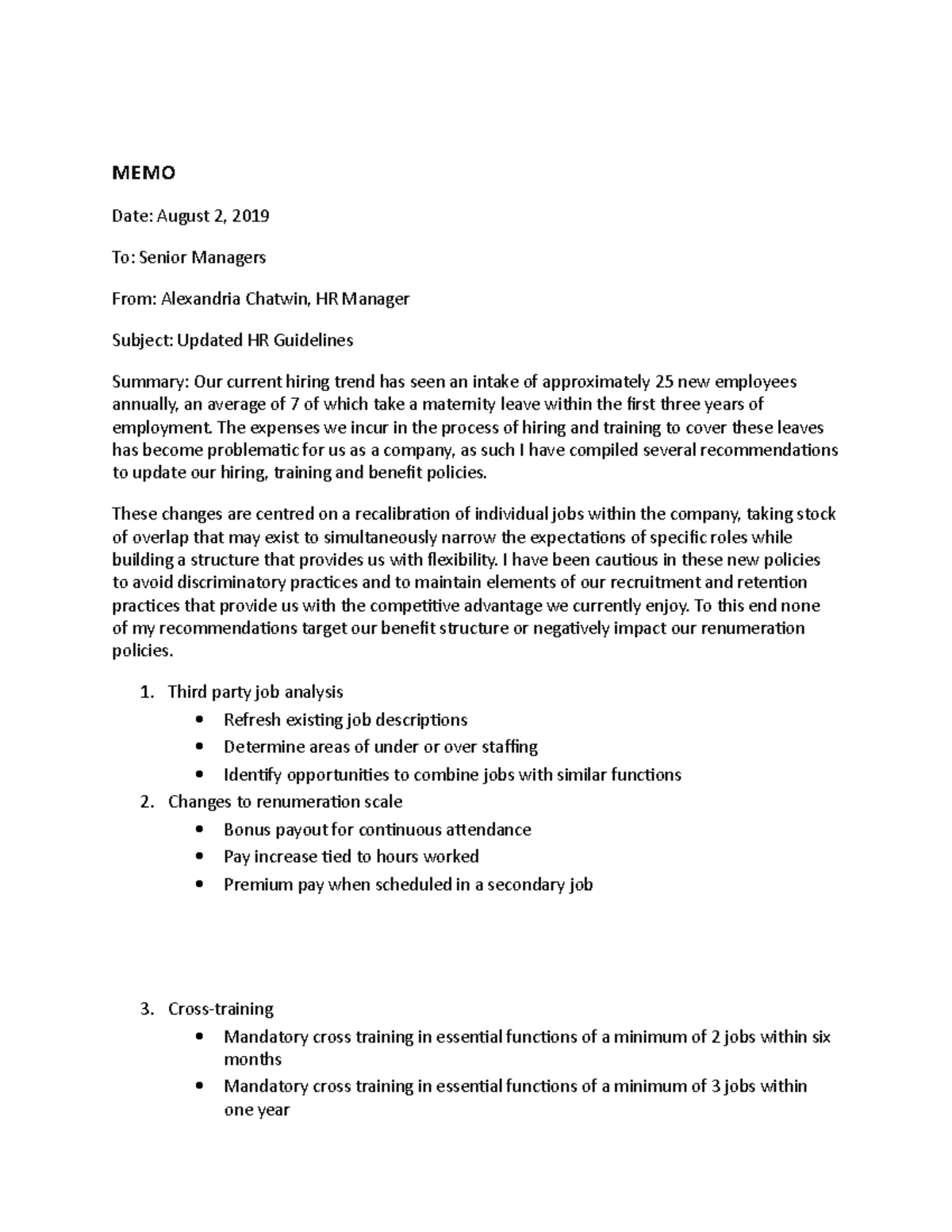 hrmt386 assignment 1 - MEMO Date: August 2, 2019 To: Senior Managers ...