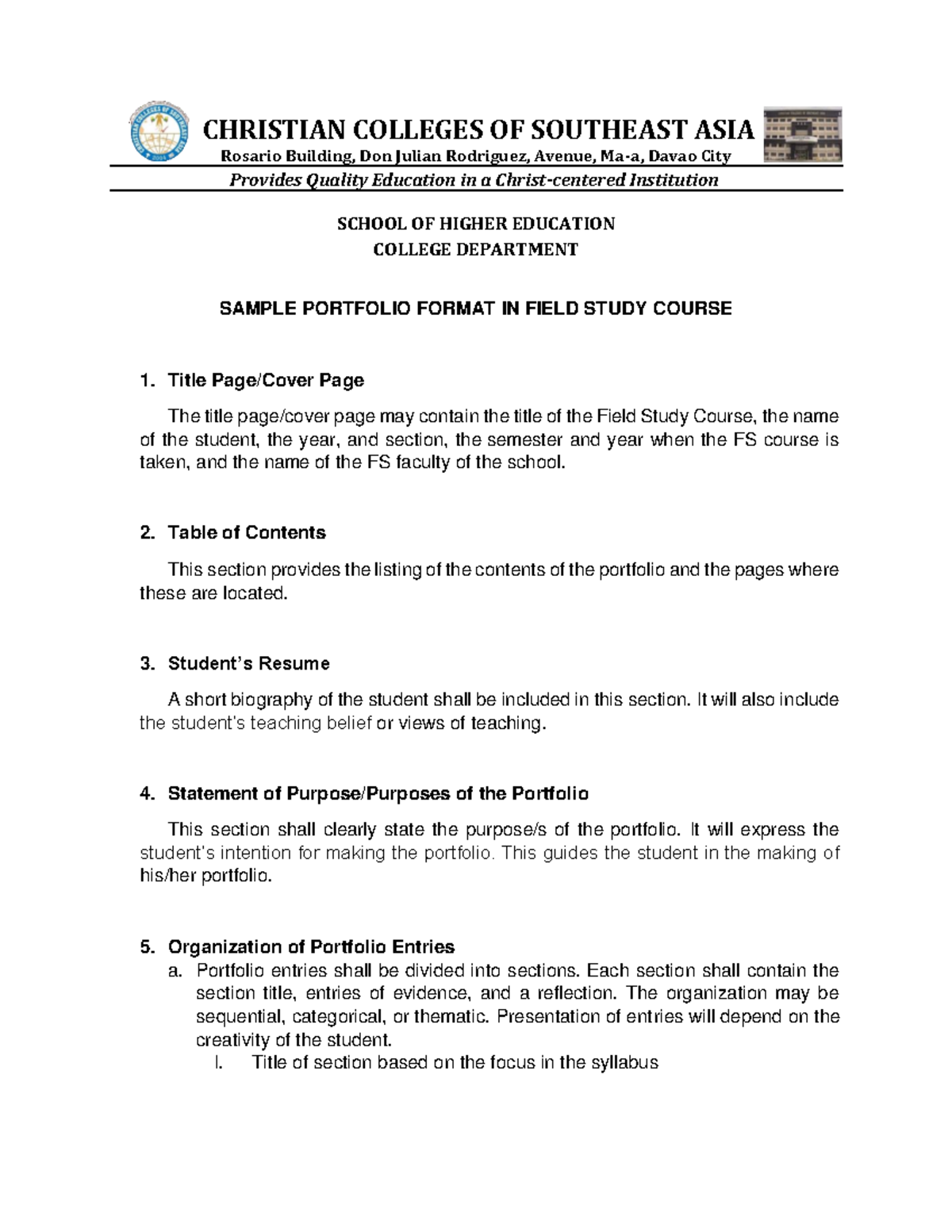 Sample Portfolio Format and FS Portfolio Rubrics - CHRISTIAN COLLEGES ...