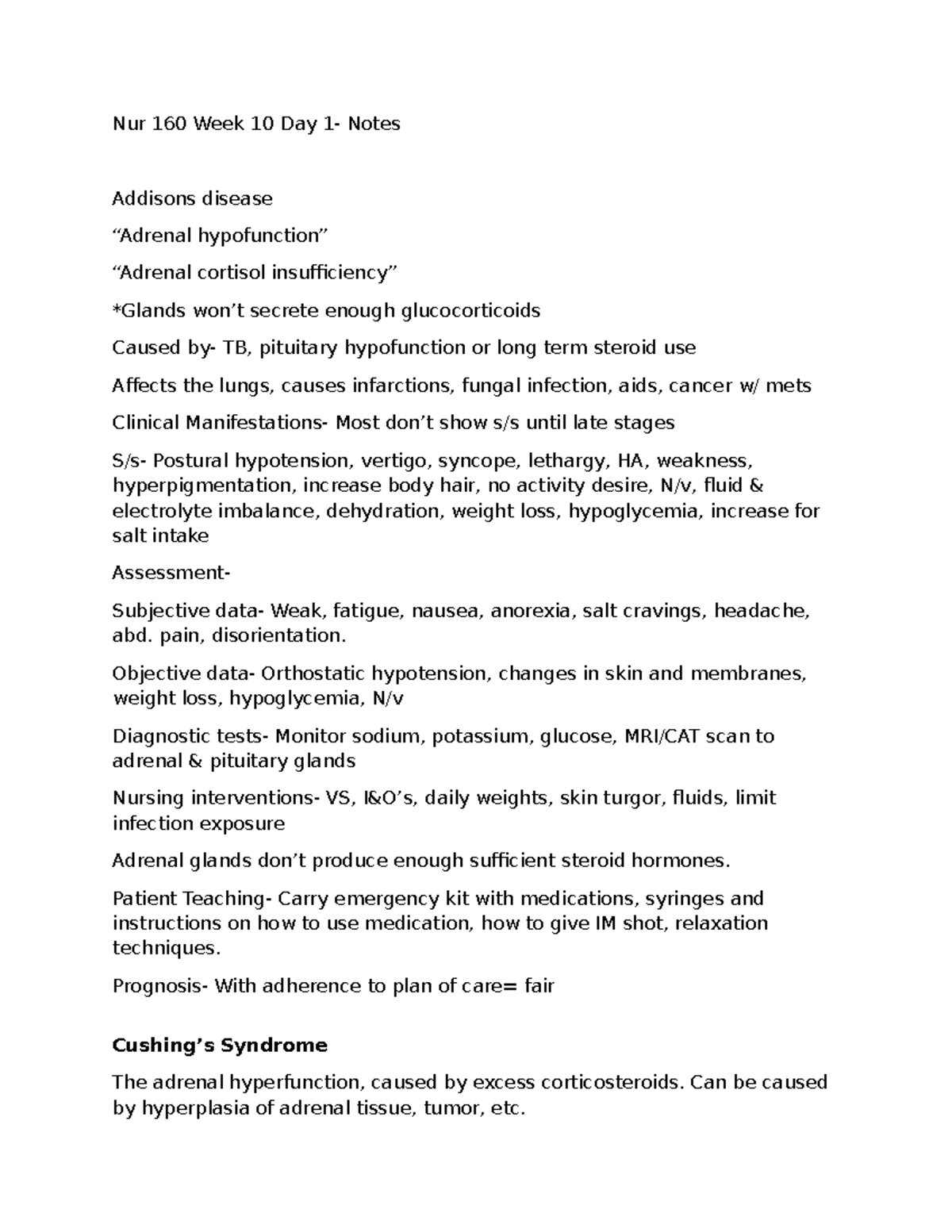 Nur 160 Week 10 Day 1 - NOTES - Nur 160 Week 10 Day 1- Notes Addisons ...