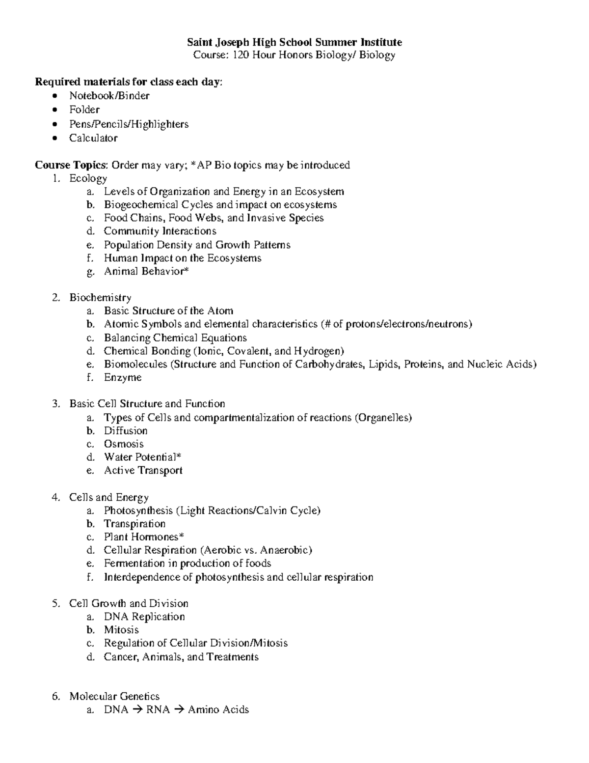 Biologyand Honors Biology - Saint Joseph High School Summer Institute ...