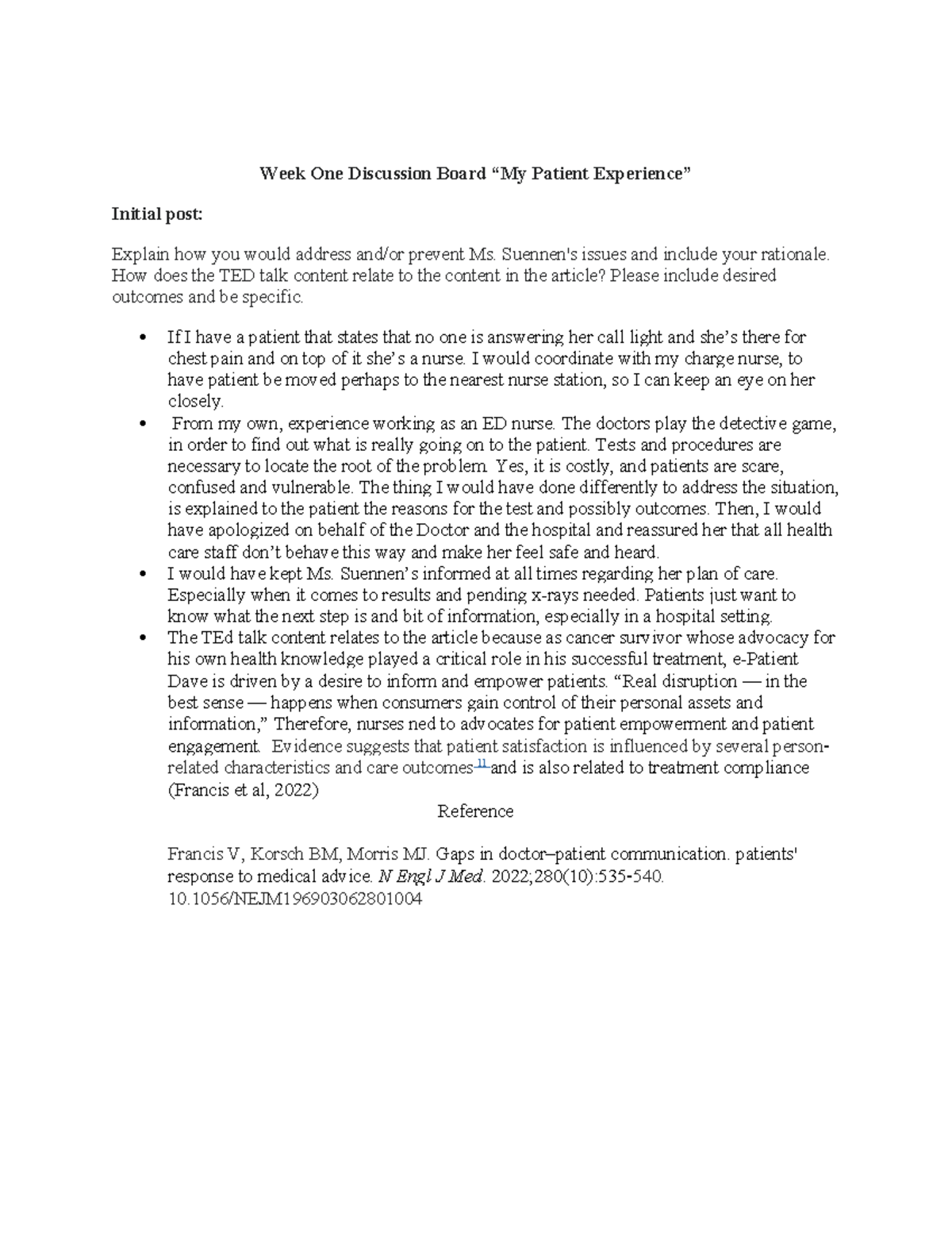 NSG 447 Week One Discussion Board - Week One Discussion Board “My ...