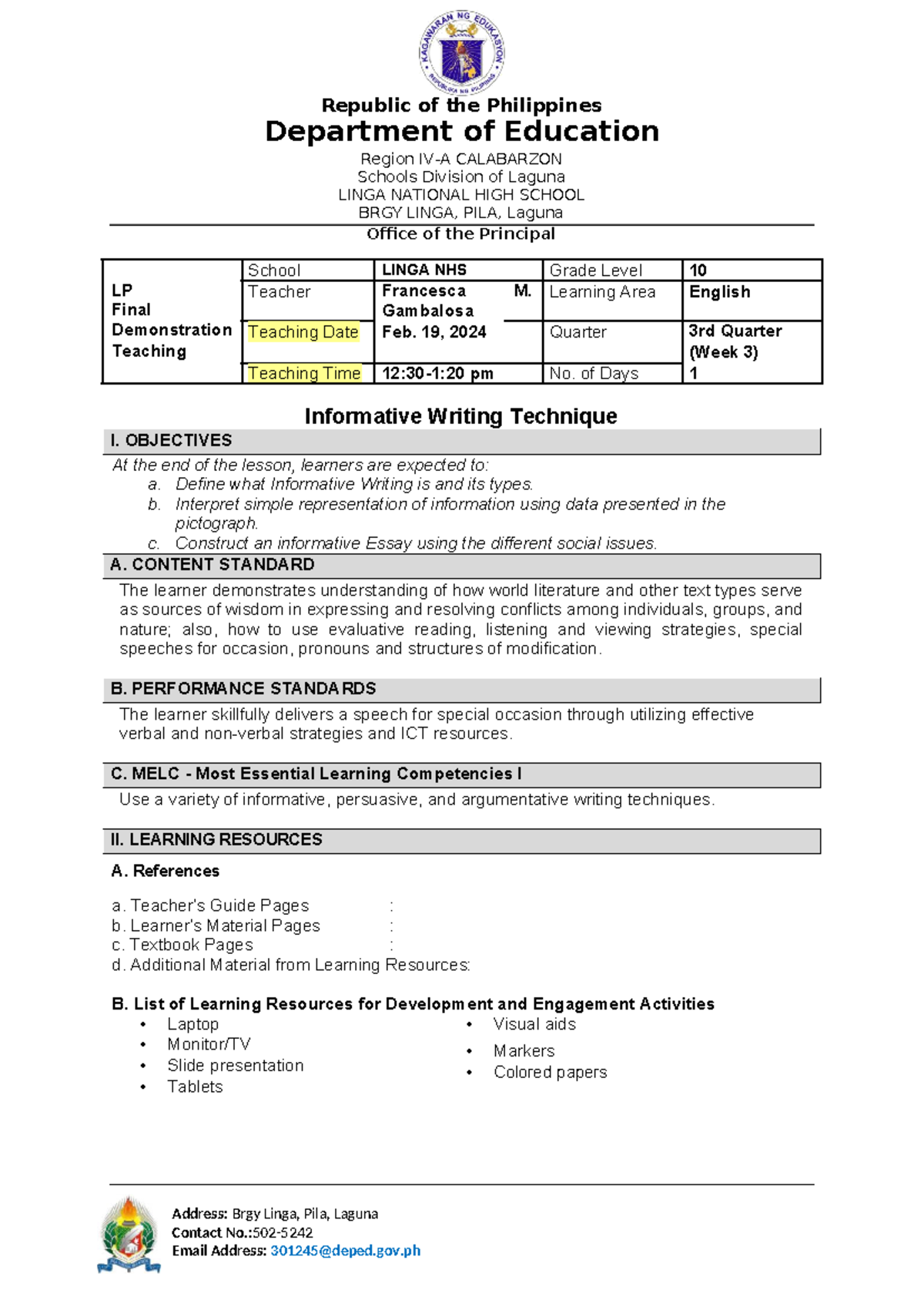 Actual Teaching Informative Writing - Department of Education Region IV ...