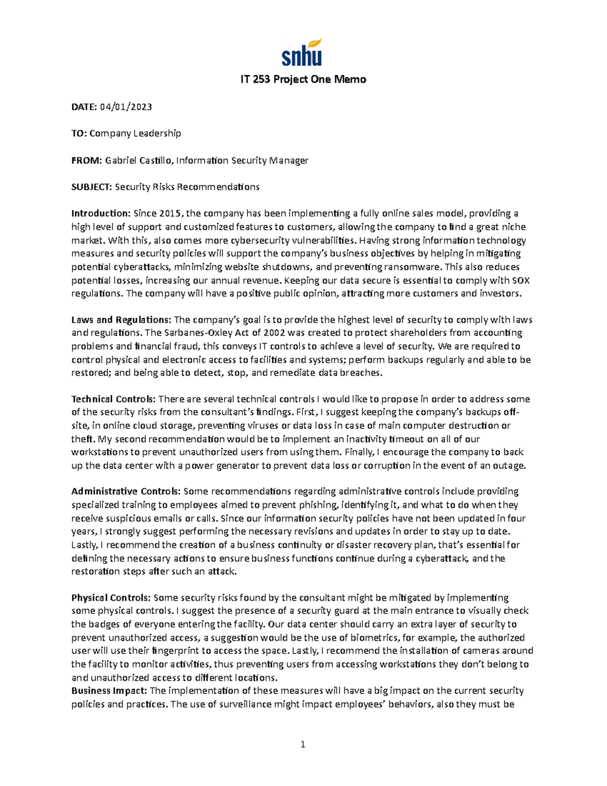 IT 253 Project One Memo - Gabriel Castillo - IT 253 Project One Memo ...