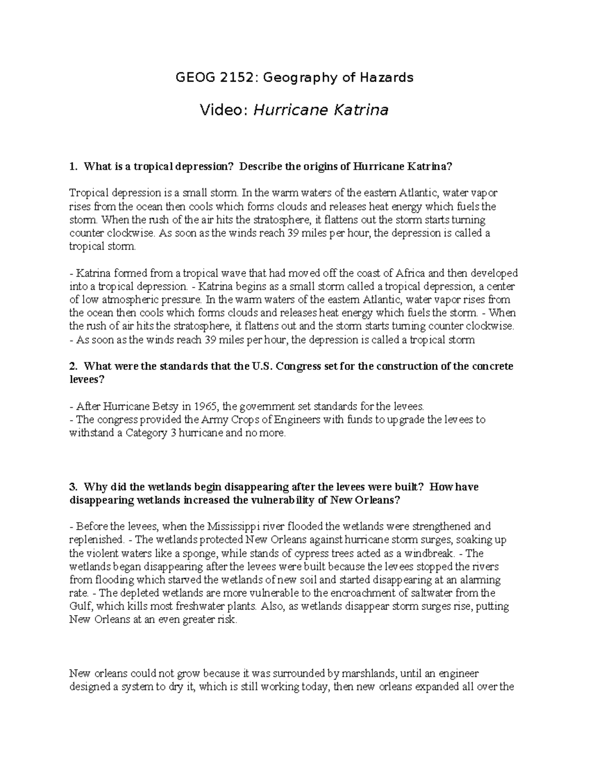 Video Questions - Hurricane Katrina - GEOG 2152: Geography of Hazards Video: Hurricane Katrina 1 ...
