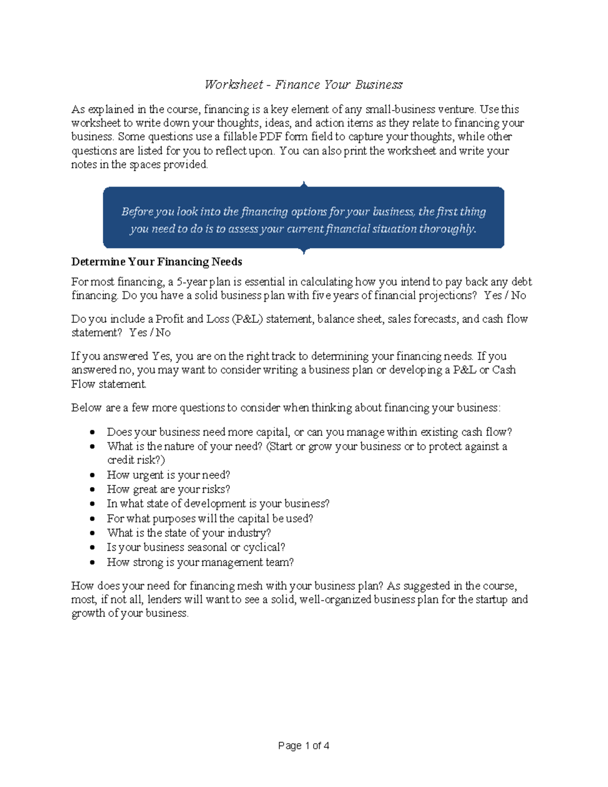 Launch financing your business worksheet pdf - Worksheet - Finance Your ...