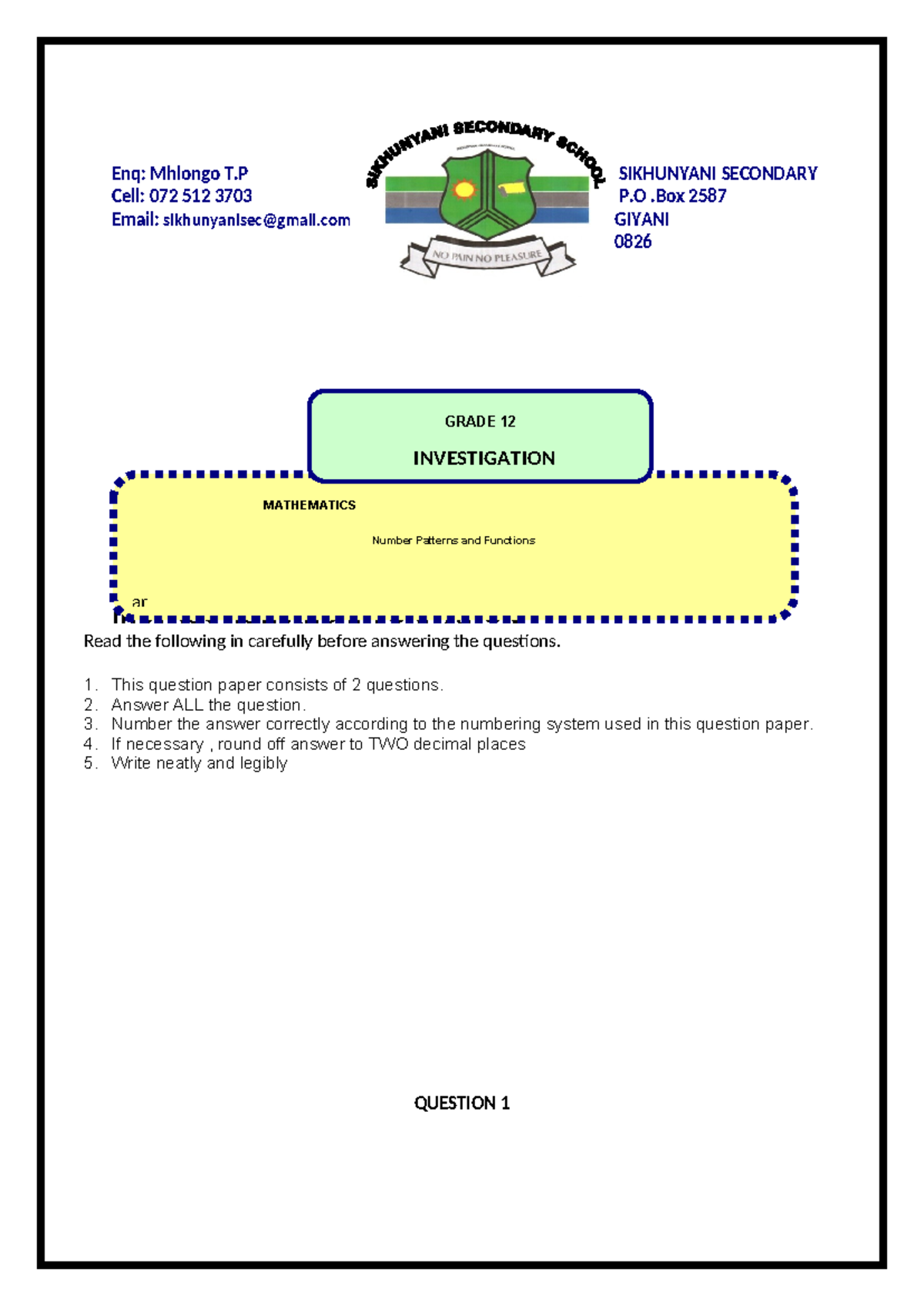 Grade 12 Investigation Number Patterns - Enq: Mhlongo T SIKHUNYANI ...