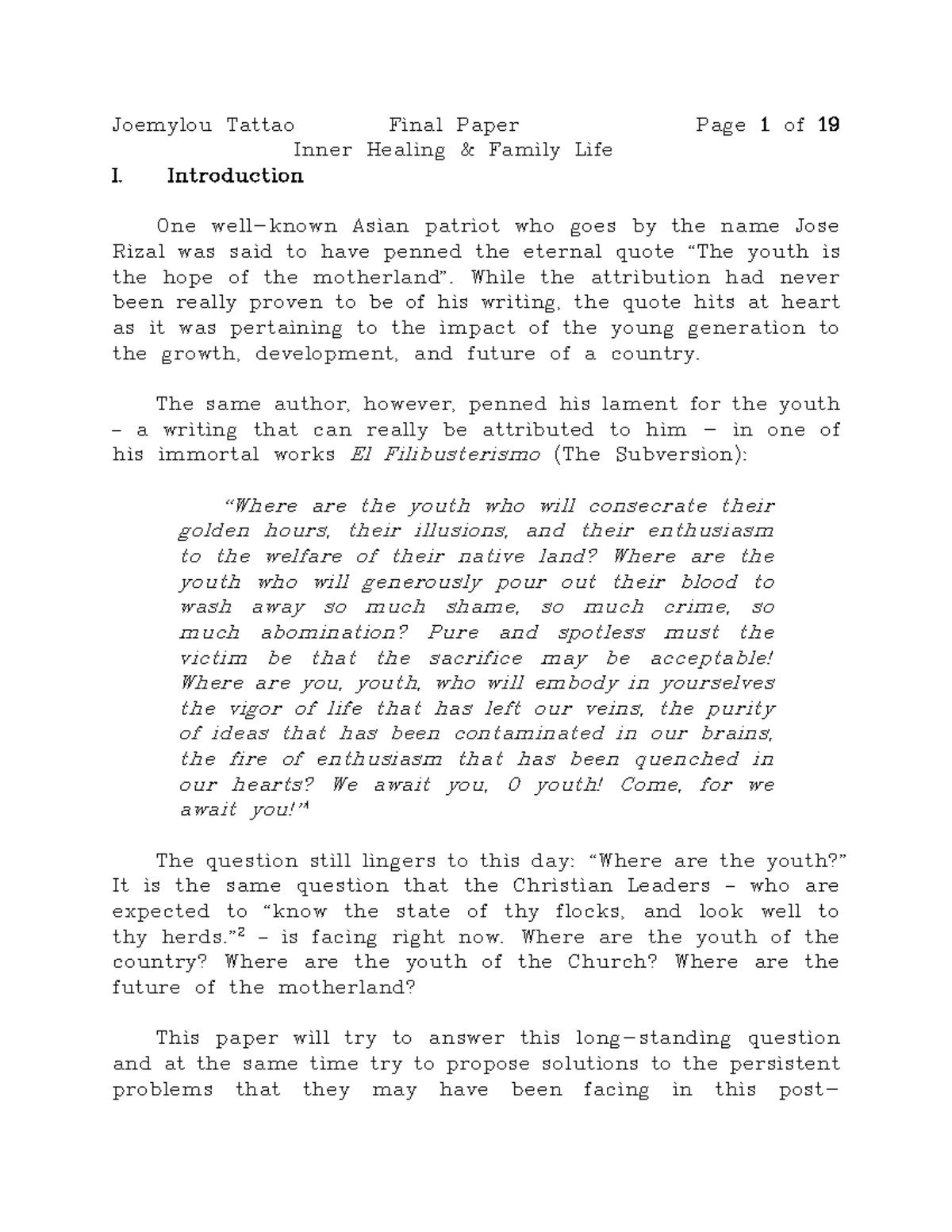 Final Paper on Theology - Inner Healing & Family Life I. Introduction ...