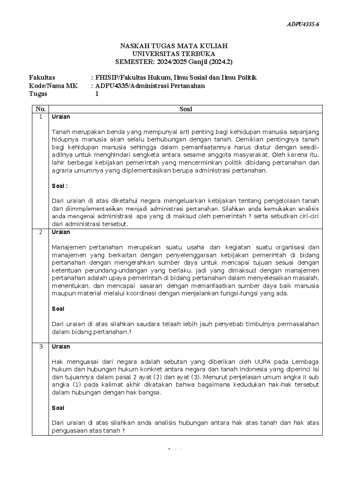 2. ADPU4335 Administrasi Pertanahan soal adpu4335 tmk1 6 - ADPU4335- 1 dari NASKAH TUGAS MATA ...