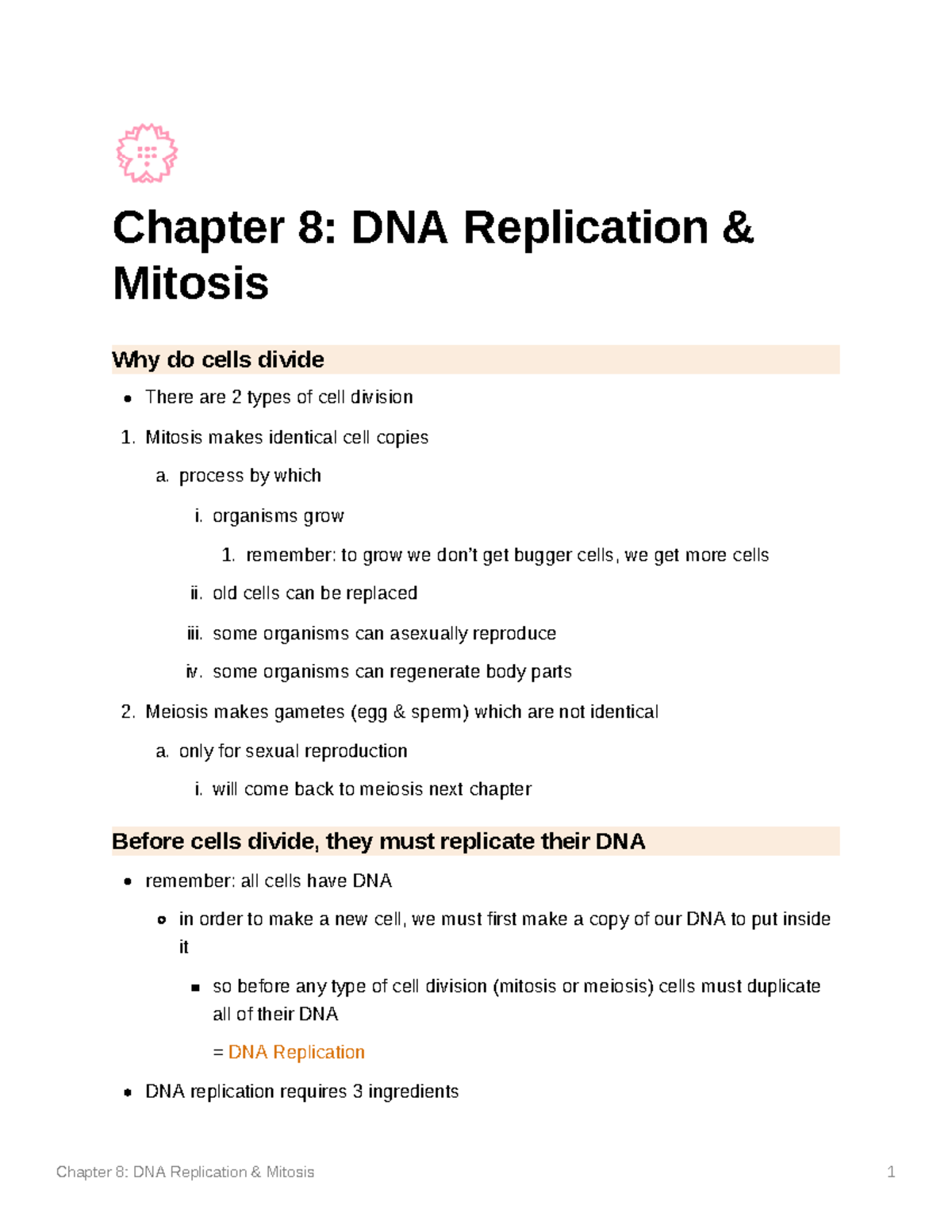 Chapter 8 DNA Replication Mitosis - Chapter 8: DNA Replication ...