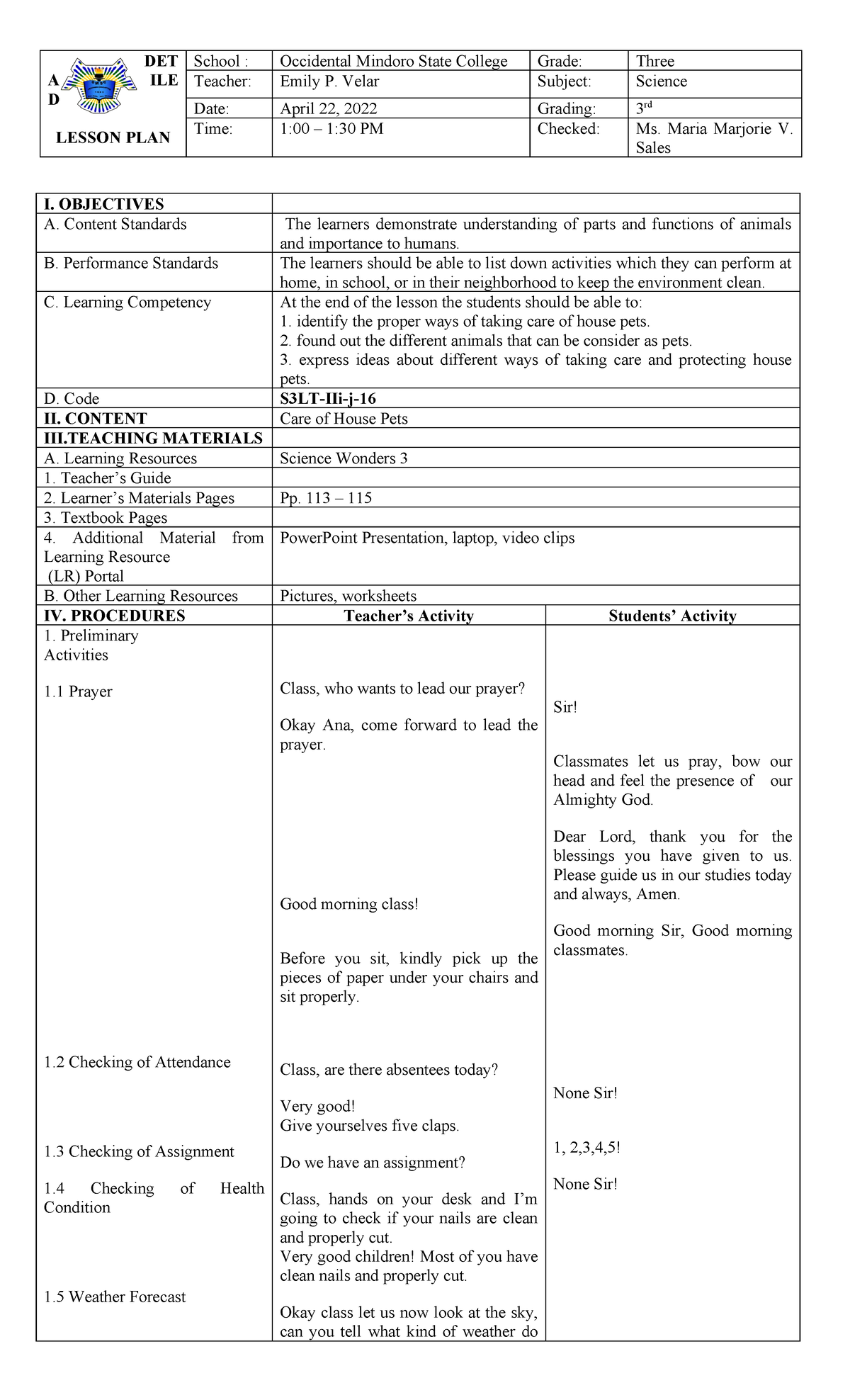 DLP-Science-3 Final DEMOapril 25 - DET A ILE D LESSON PLAN School ...