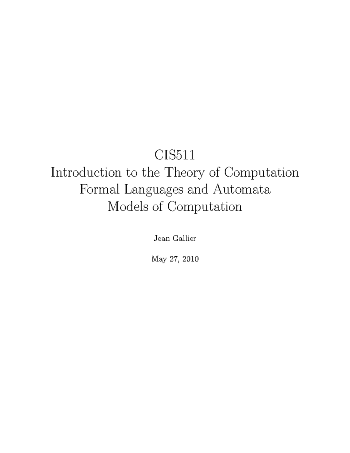 Introduction to the Theory of Computation Formal Languages and Automata Models of Computation ...