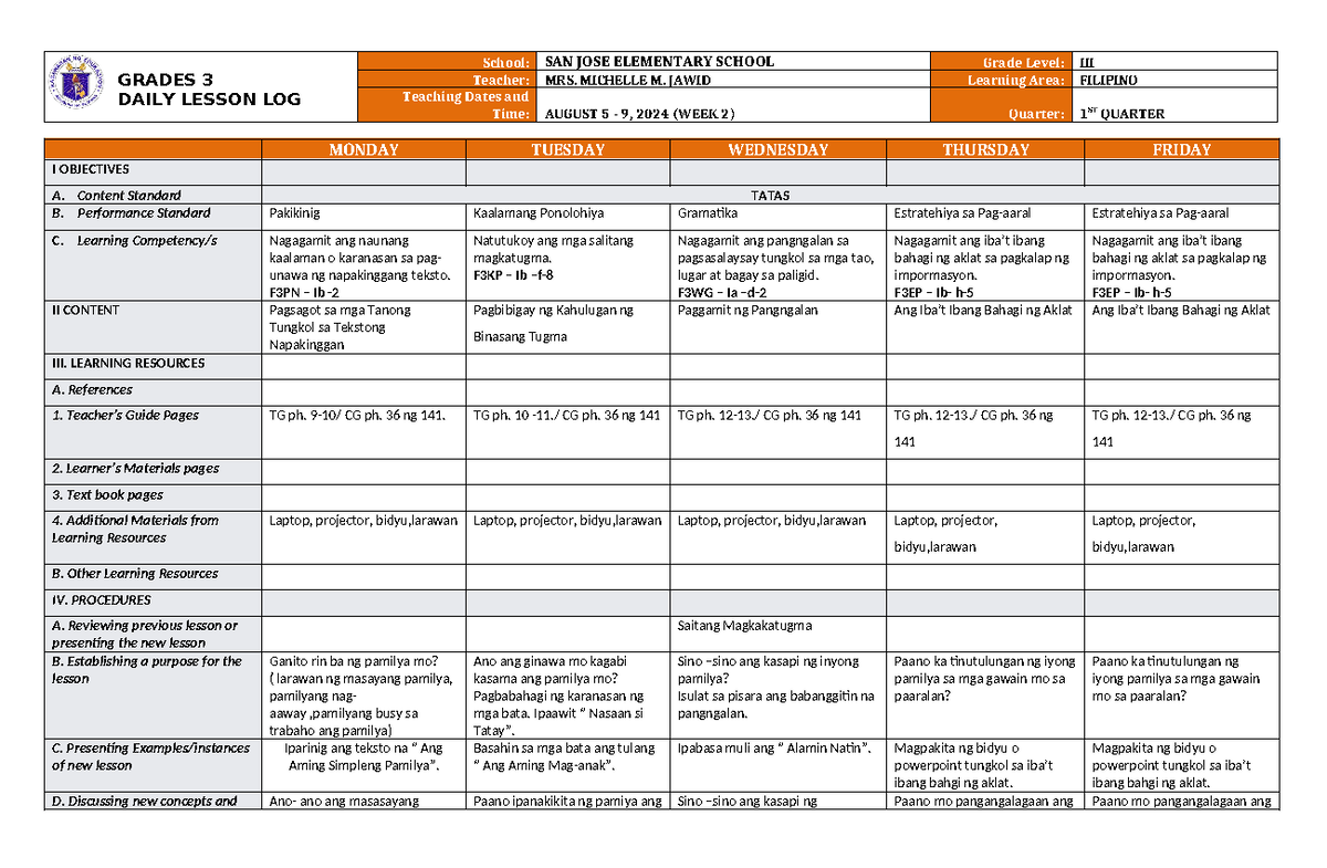 DLL Filipino 3 Q1 W2 - GRADES 3 DAILY LESSON LOG School: SAN JOSE ...