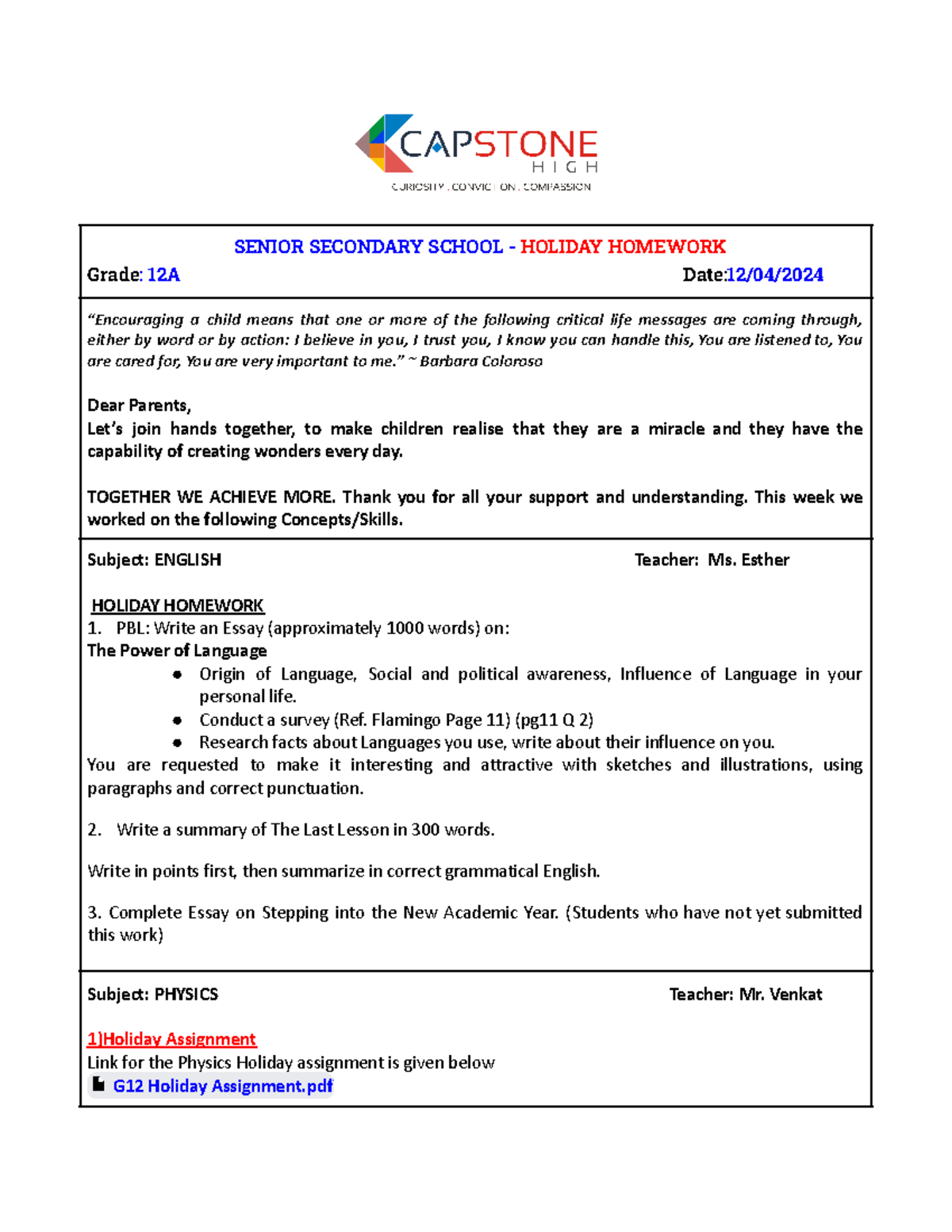 G12 Holiday Homework - SENIOR SECONDARY SCHOOL - HOLIDAY HOMEWORK Grade ...