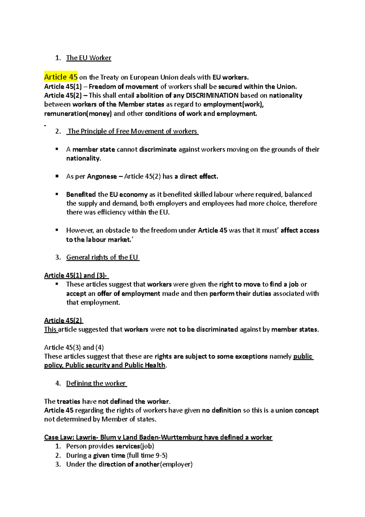 The EU Worker lecture 3 - The EU Worker Article 45 on the Treaty on ...