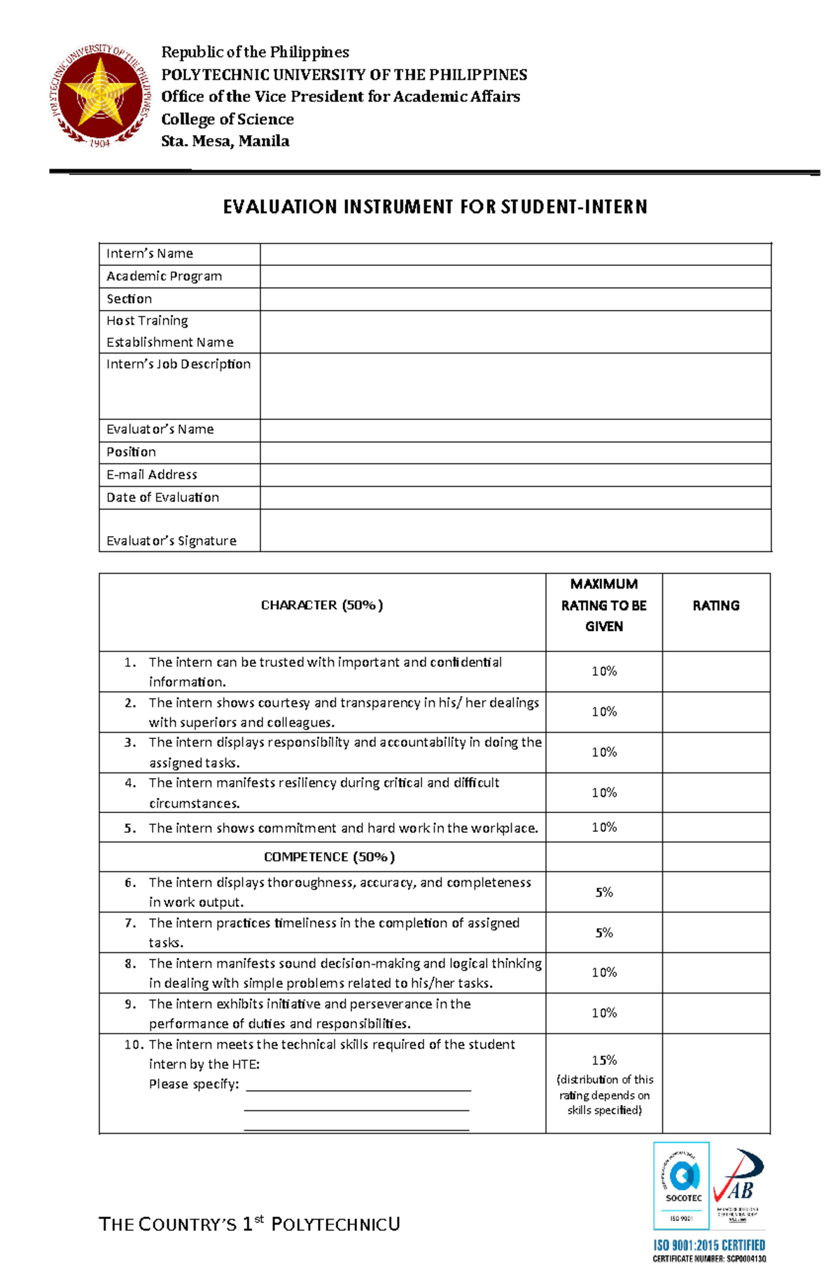 Evaluation Instrument of Supervisor to the Student Intern - Copy ...