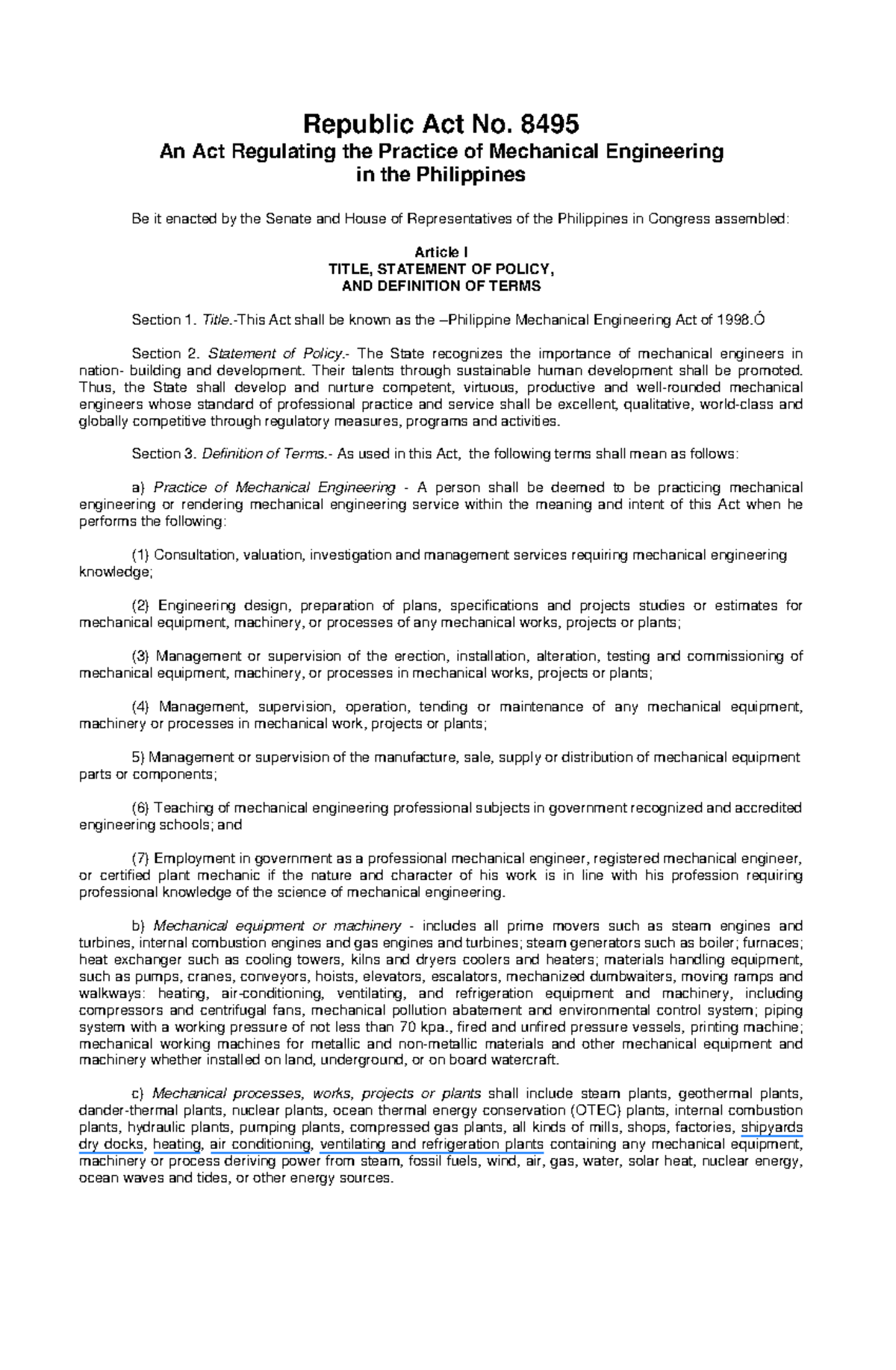 Mechanical Engineering - Board Law 1 - Republic Act No. 8495 An Act ...