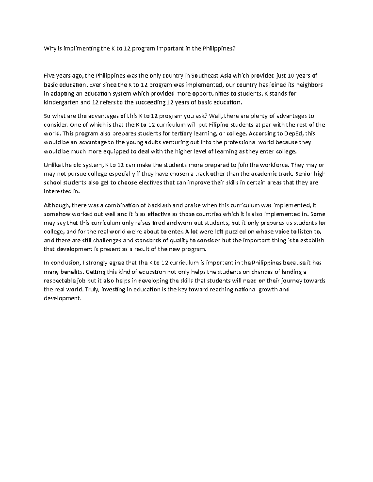 Why Is Implimenting The K To 12 Program Important In The Philippines 