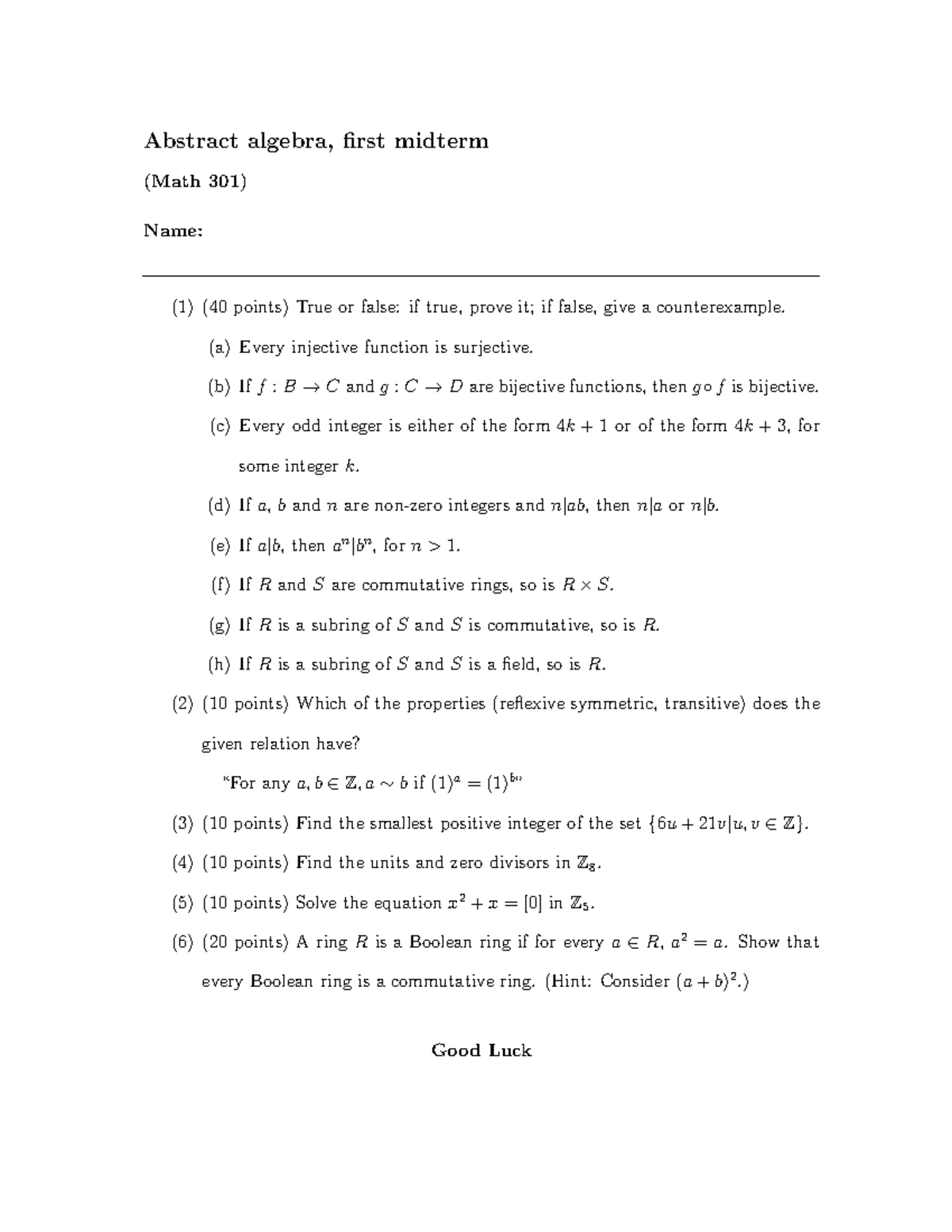 1stmid - cyclic groups - Abstract algebra, first midterm (Math 301 ...