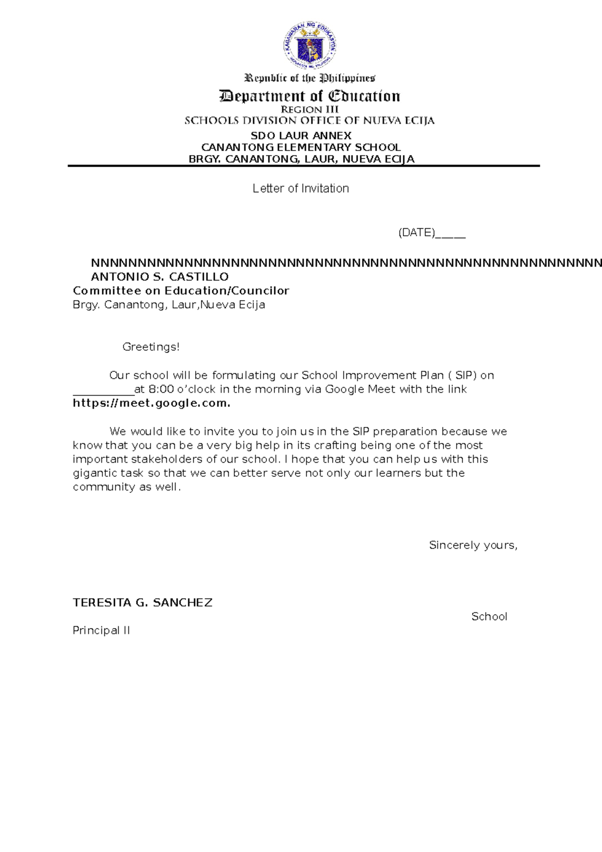 SIP Letter Invitation edit date - CANANTONG ELEMENTARY SCHOOL BRGY ...