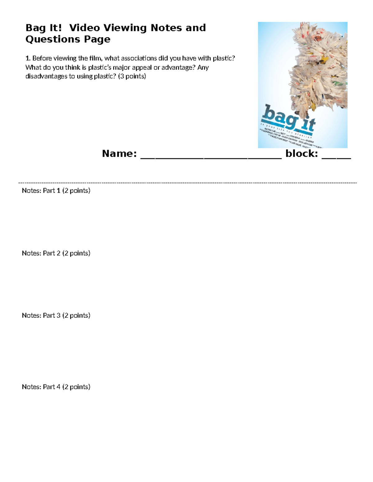 Bag It Viewing Worksheet - Bag It! Video Viewing Notes and Questions ...