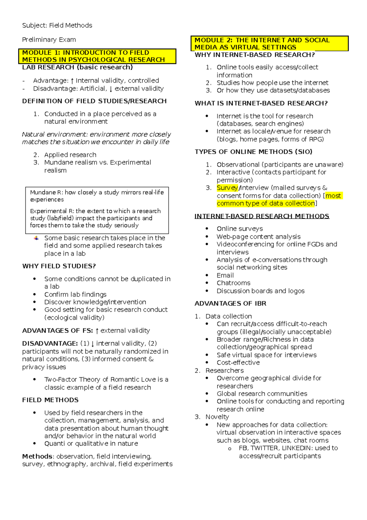Field Methods Summary - Preliminary Exam MODULE 1: INTRODUCTION TO ...
